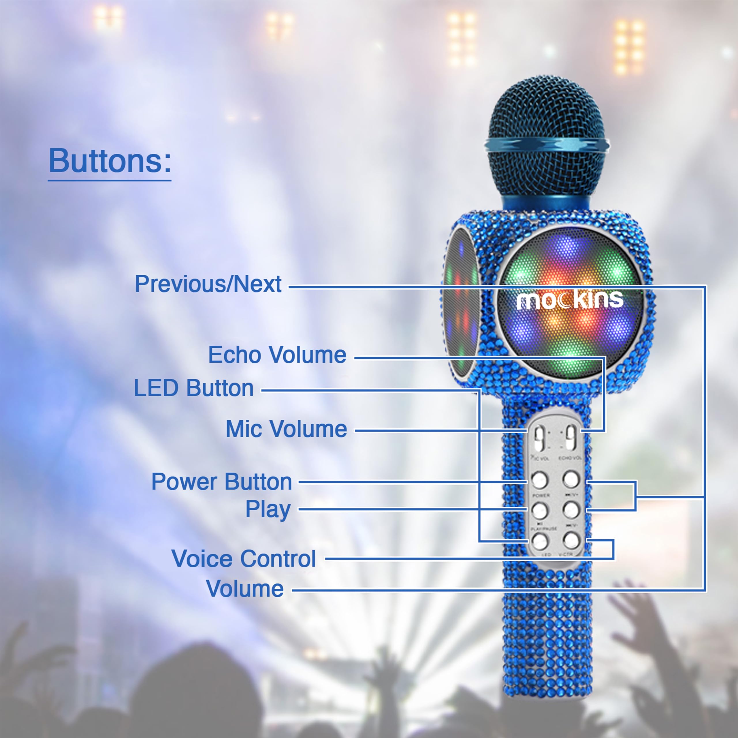 Mockins Blue Bling Karaoke Microphone for Kids | Wireless Mic with Voice Changer & LED Lights | Portable Microphone for Singing w/ Cable & Carry Case