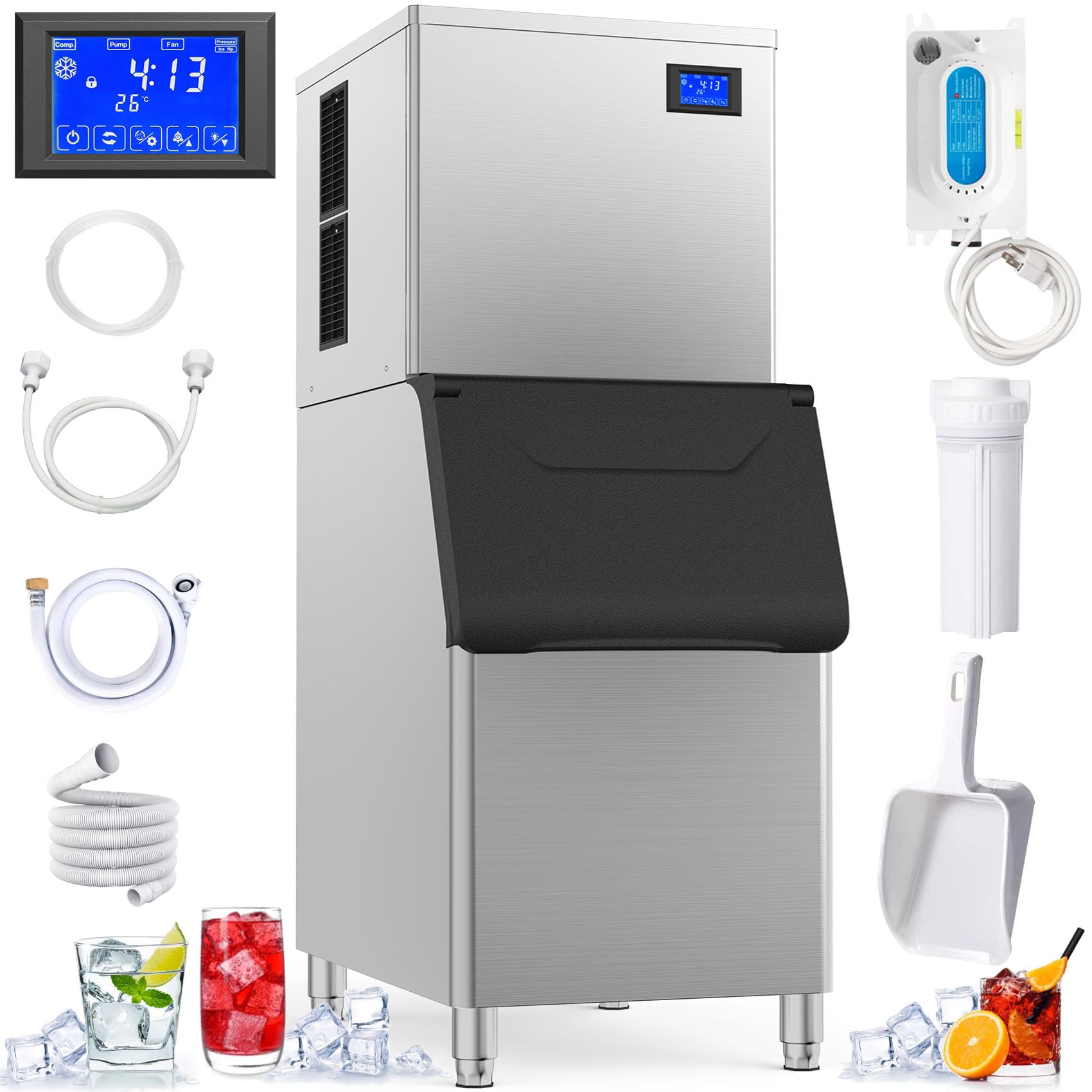 Commercial Ice Maker 400Lbs/24H Commercial Ice Machine with 400LBS Large Storage Bin for Business Cafe Bar 3-Year-Warranty (400Lbs/24H)