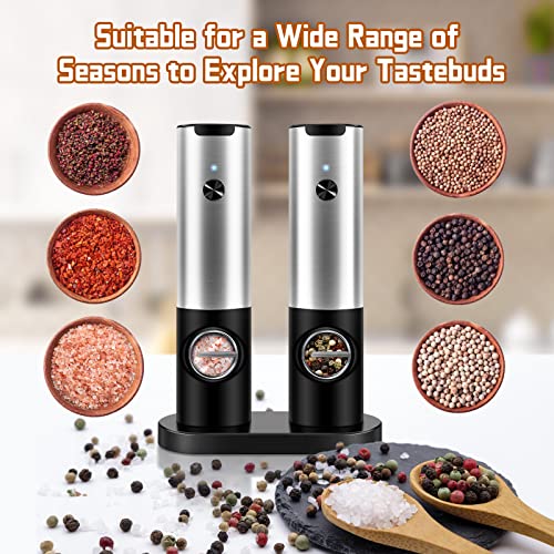 Salt and Pepper Grinder Set, Rechargeable Pepper Grinder Automatic Pepper Grinder Adjustable Coarseness with Charging Base LED Light, 2 Pack