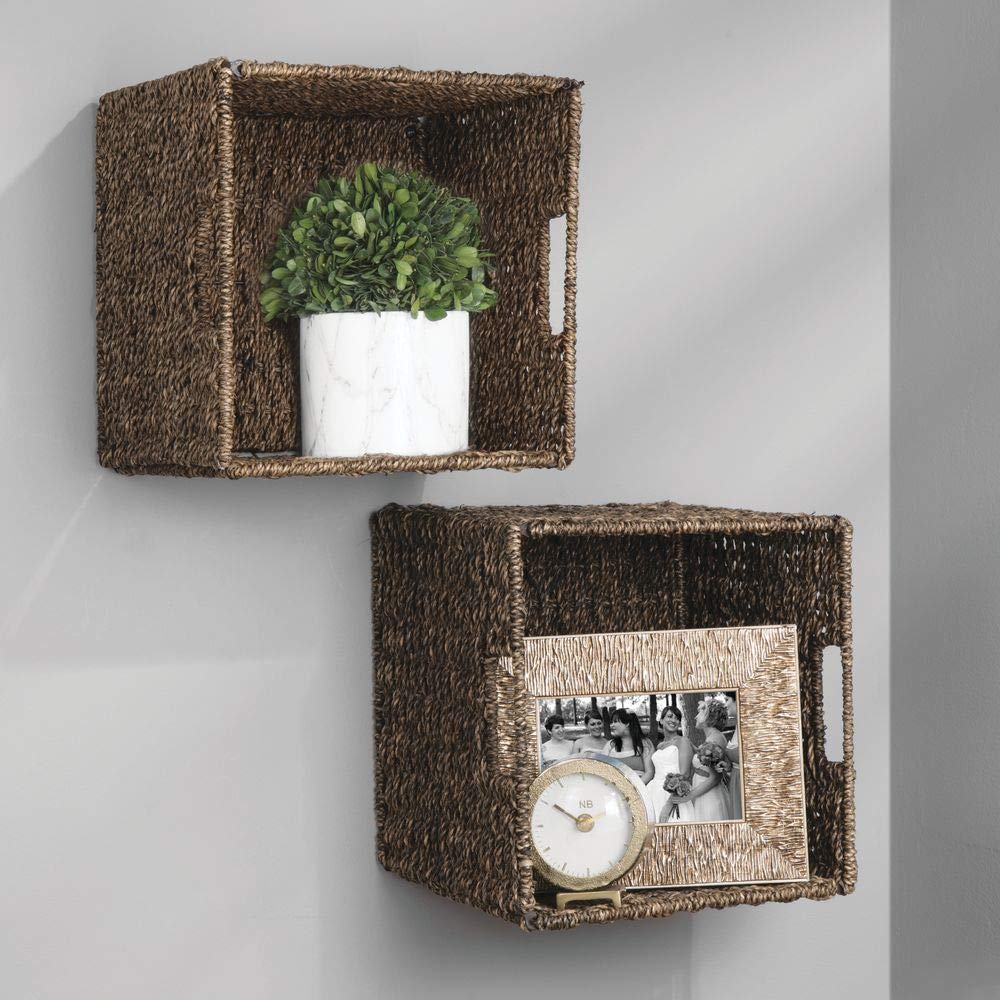 mDesign Natural Woven Seagrass Closet Storage Organizer Basket Bin - Collapsible - for Cube Furniture Shelving in Closet, Bedroom, Bathroom, Entryway, Office - 10.5" High, 2 Pack - Chestnut Brown