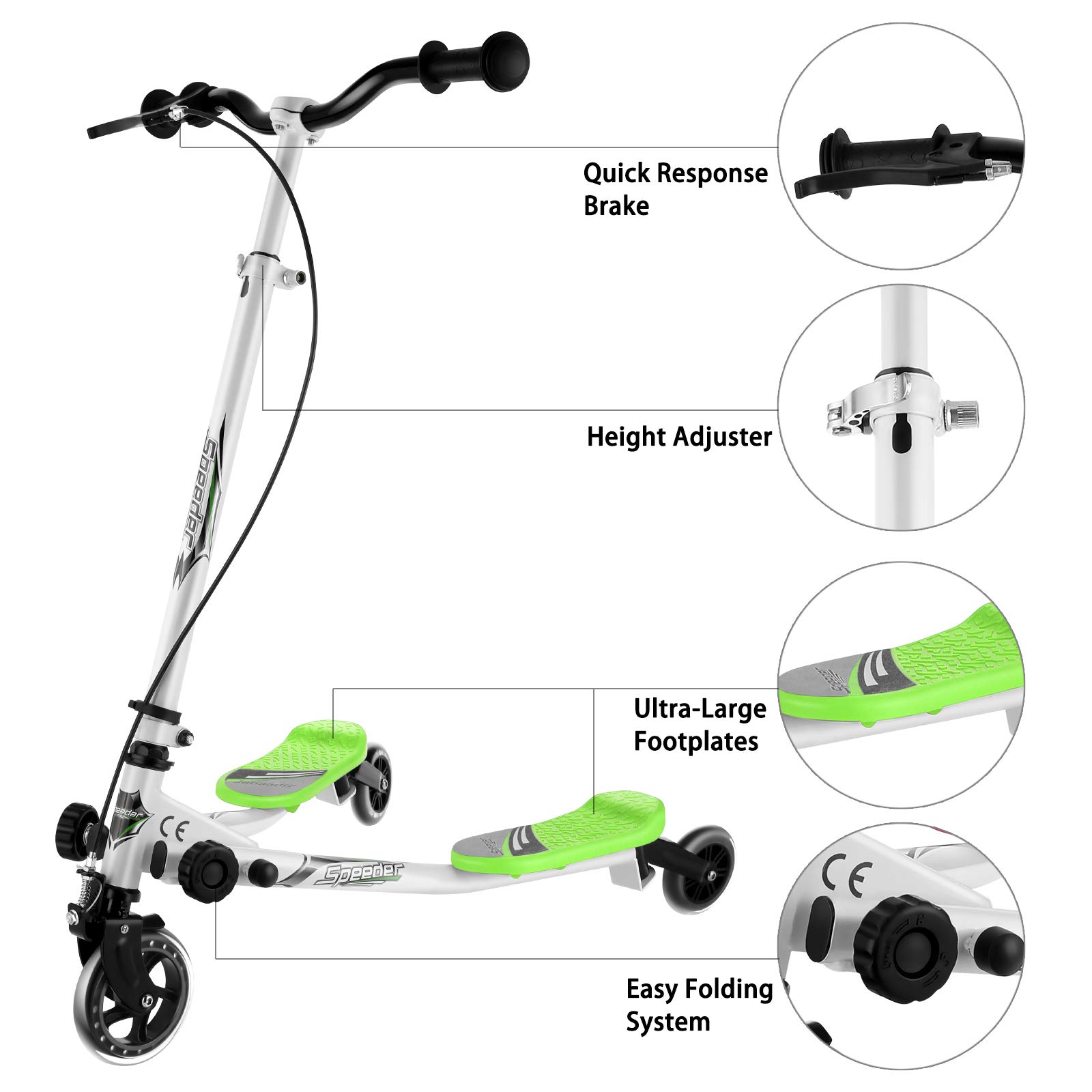 Swing Scooter, casulo Swing Wiggle Scooter, Foldable Wiggle Scooter 3-Level Adjustable | 3 Wheels Self Push Kids Scooter for Boys &Girls Age 5+ [US Stock] (Green)