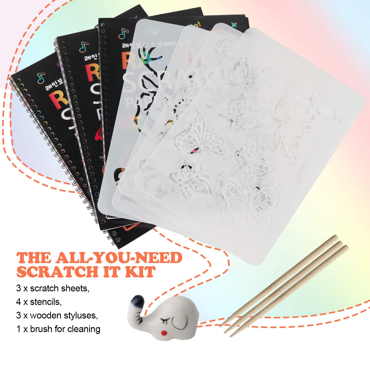 Mocoosy 3 Pack Rainbow Scratch Art Paper Notebooks, Magic Scratch Off Paper Set for Kids Arts Crafts, Black Scratch Note Doodle Pads for Drawing Christmas Gifts Birthday Game Coloring Activity
