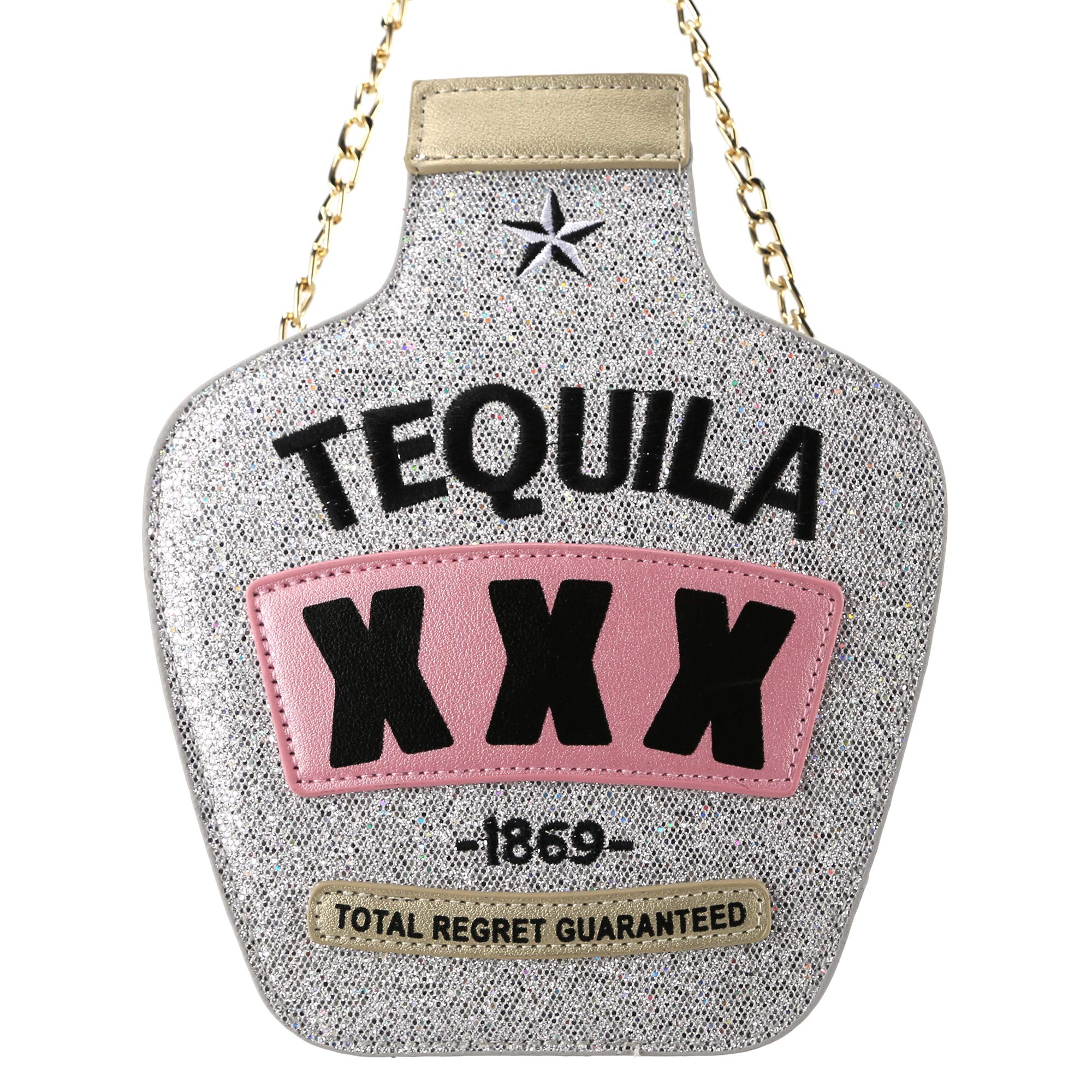 QiMing Tequila Bottle Shaped Laser Shoulder Handbags,Pu Crossbody Purse for women(Silver B)