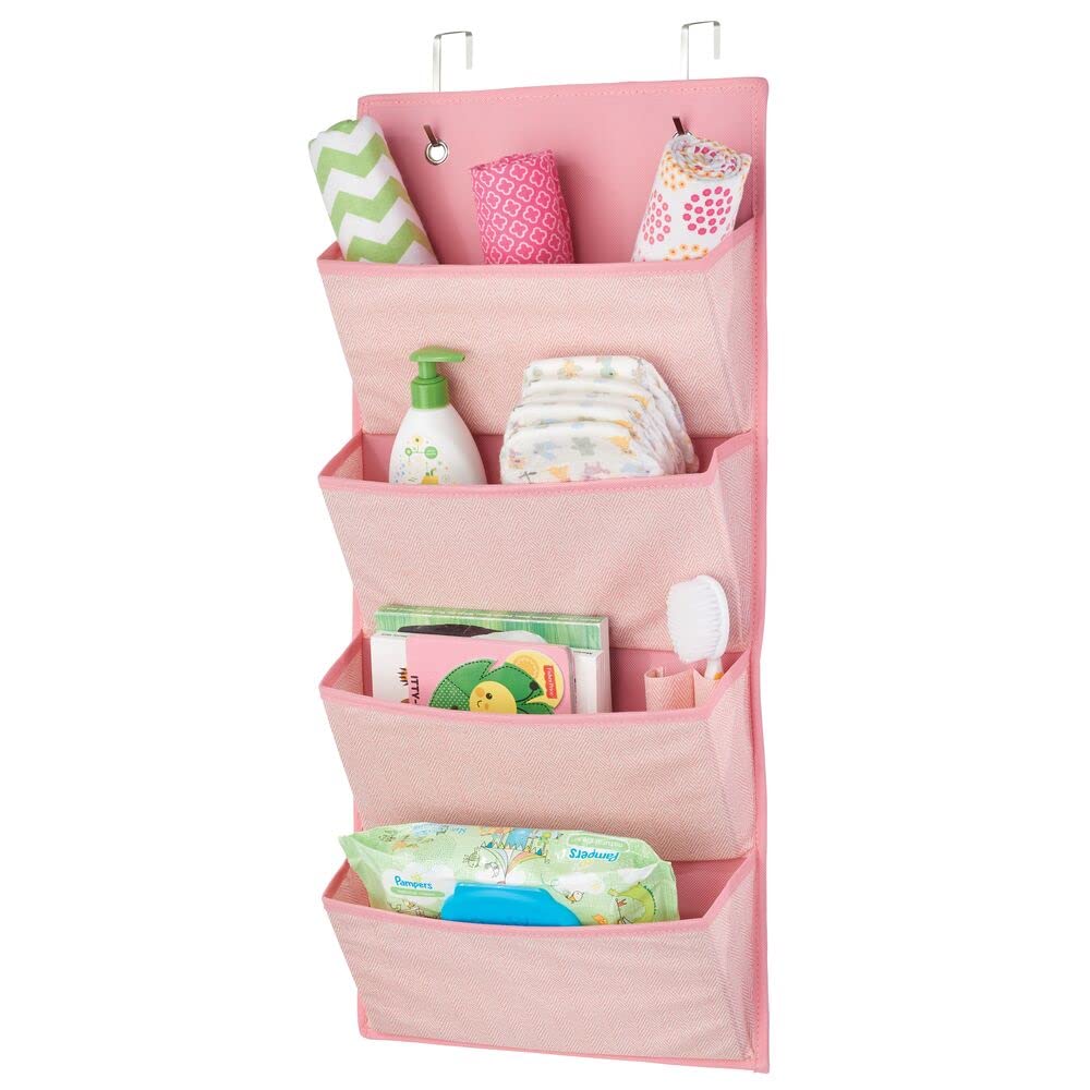 mDesign Soft Fabric Wall Mount/Over Door Hanging Storage Organizer - 4 Large Pockets for Child/Kids Room or Nursery, Hooks Included - Herringbone Print - Pink