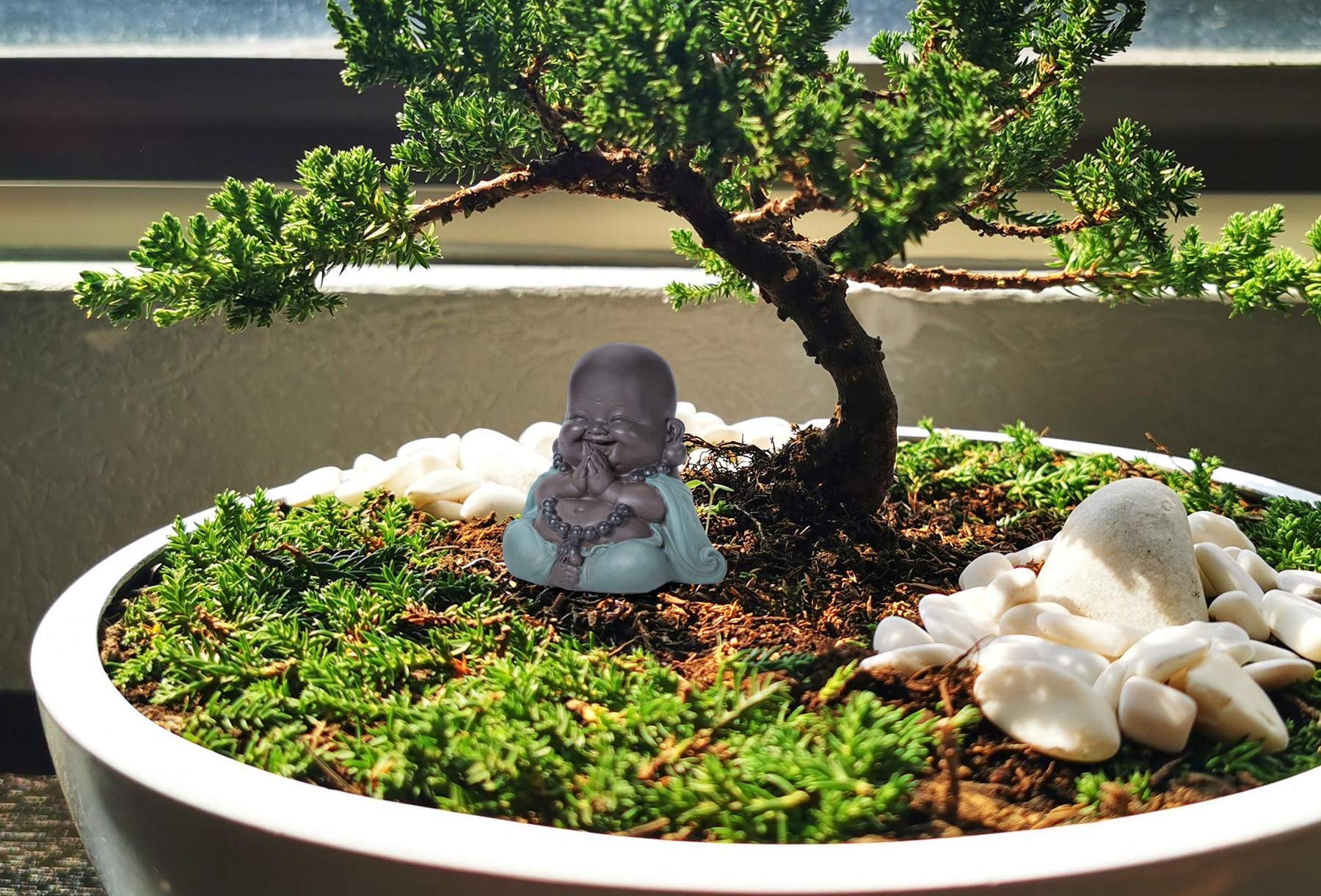 WGFKVAS Buddha Statue, Laughing Ceramic Buda Statue Little Monk Figurine Cute Baby Buddha for Home Office Car Decors Gift Crafts and Arts (Green)