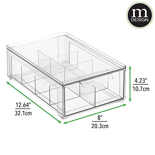 mDesign Plastic Kitchen and Pantry Organizer with Divided Drawer - Stackable Bin with 8 Sections for Tea and Snack Food - Perfect for Organizing Cabinet, Fridge - Lumiere Collection - 2 Pack - Clear