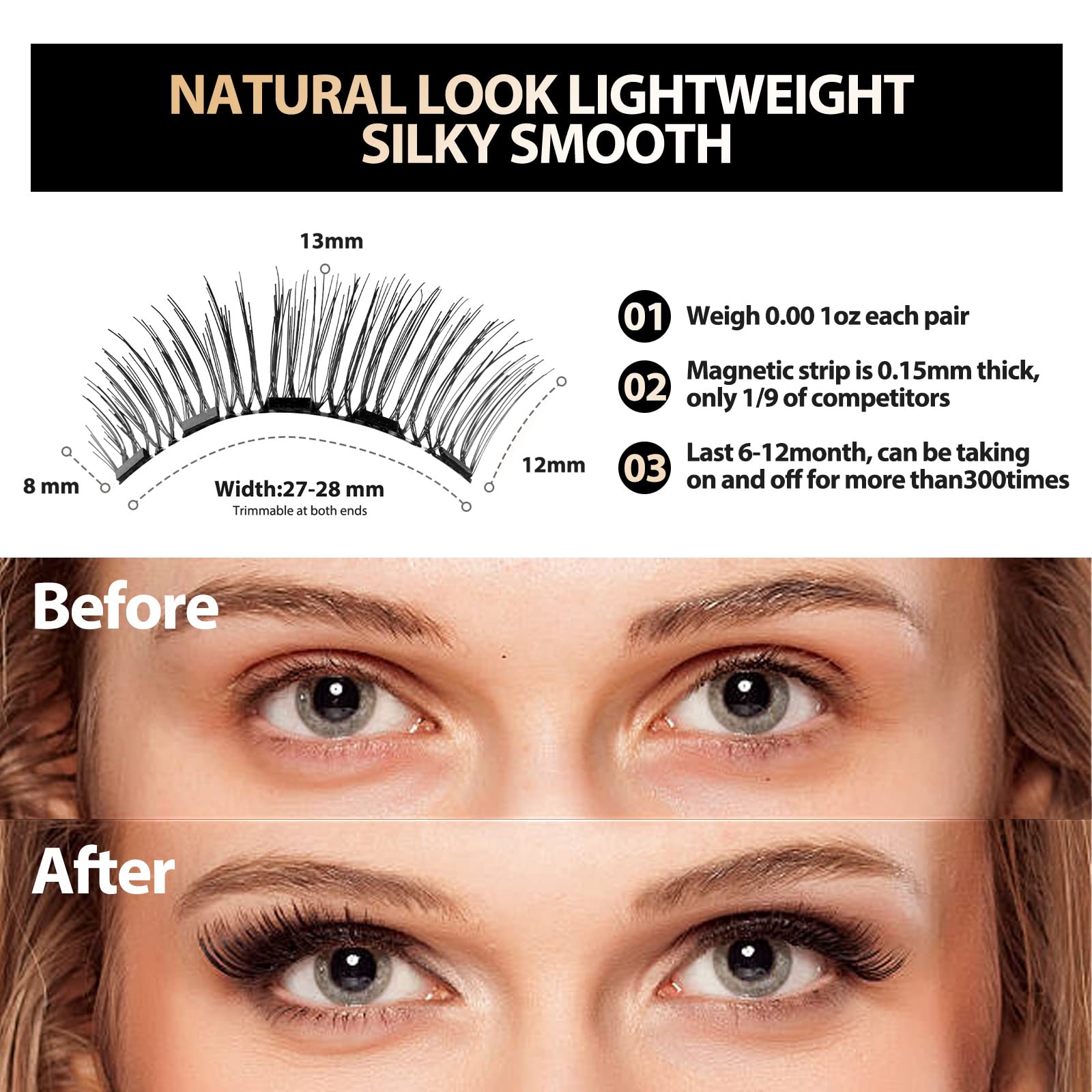 Dual Magnetic Eyelashes, Magnets False Eyelashes NO Eyeliner or Glue Needed, Natural Lashes 3D Effect Fake Eyelashes 2 Pairs Pack with Tweezers