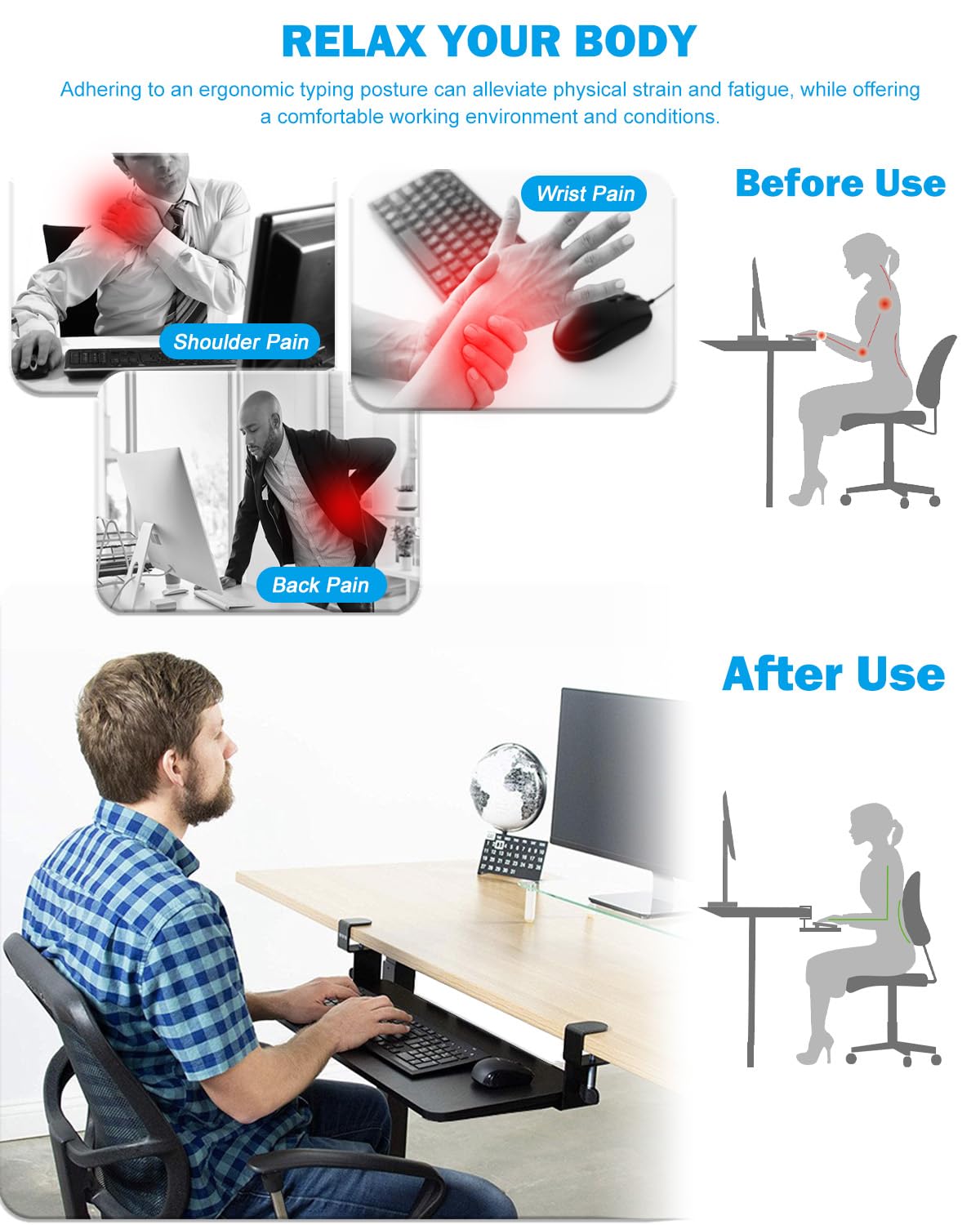 Clamp-On Under Desk Keyboard Tray, Keyboard Drawer for Corner Desk & Straight Edge Desk, Slide Out Keyboard Platforms for Home Office, White