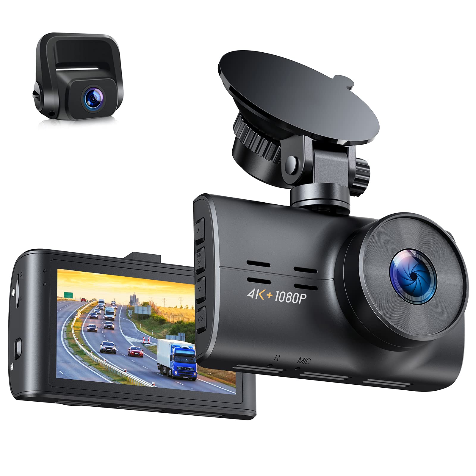 cambase Dash Cam 4K Front and 1080P Rear Car Camera Driving Recorder with Night Vision, Motion Detection, Parking Monitoring, G-Sensor, Loop Recording, 3inches IPS Screen, 170° FOV, Max Support 256GB