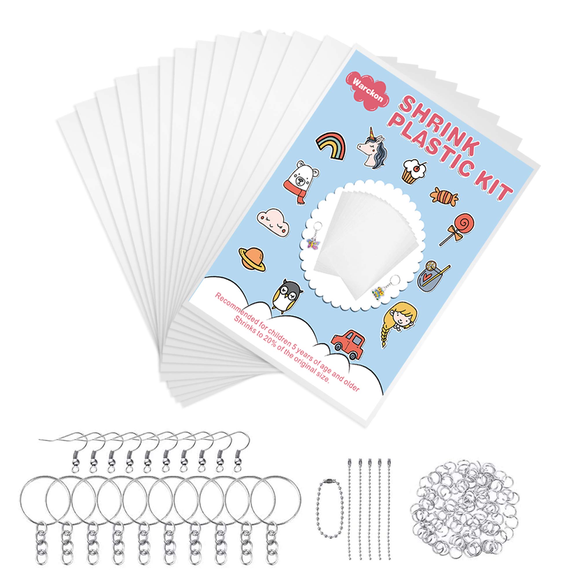 Warckon 137 Pieces Shrink Plastic Sheet Kit Include 12 PCS Shrinky Art Paper with 125 PCS Keychains Accessories for Kids Creative Craft