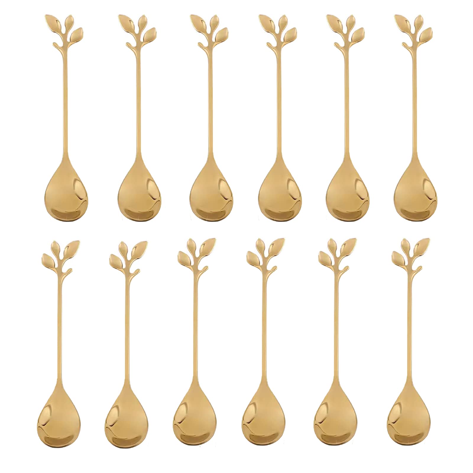 Gold Leaf Coffee Spoon Soup Spoons Sugar Spoons, Ice-Cream Tea Stirring Spoons 4.8 Inches Retro Dessert Demitasse Espresso Spoons Cutlery Kitchen Tableware-Set of 12