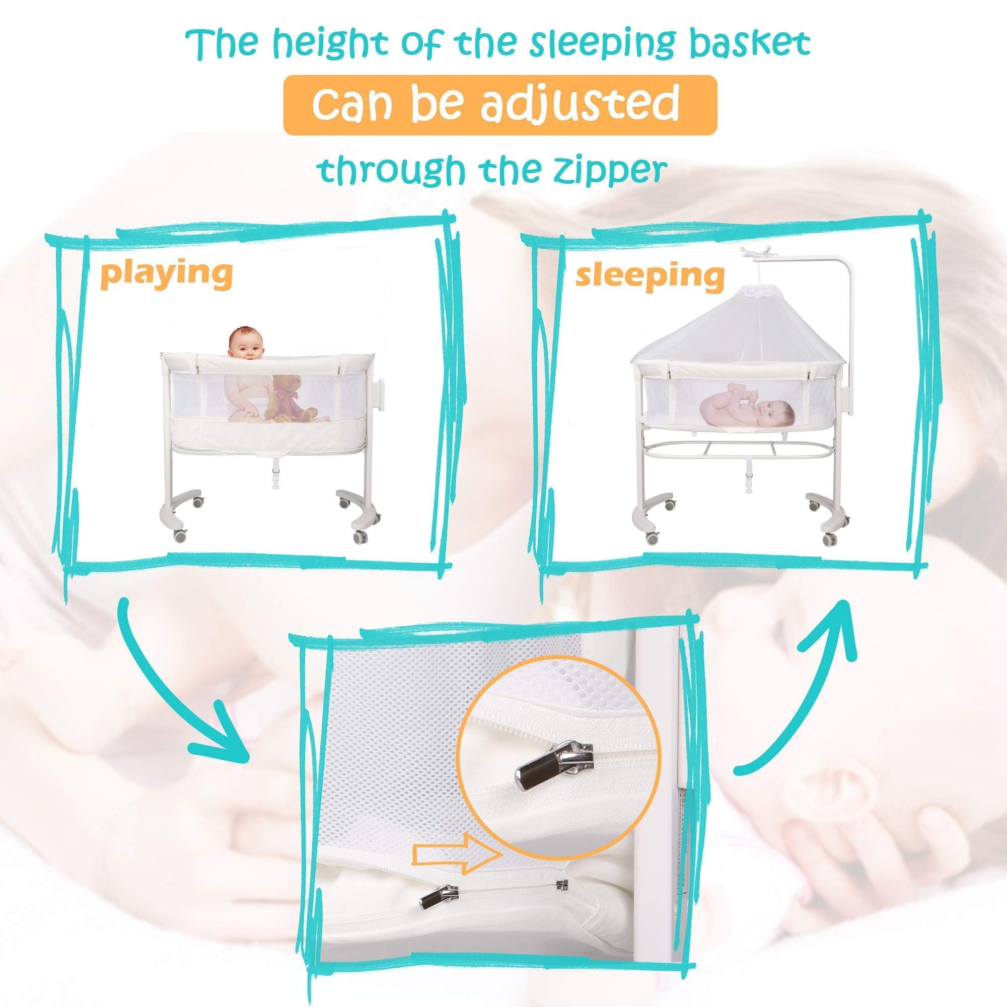 COLOR TREE Baby Bassinet Bedside Sleeper Bedside Crib with 6 Wheels, Mosquito Net, Comfy Mattress for Newborn Baby/Infant, Portable