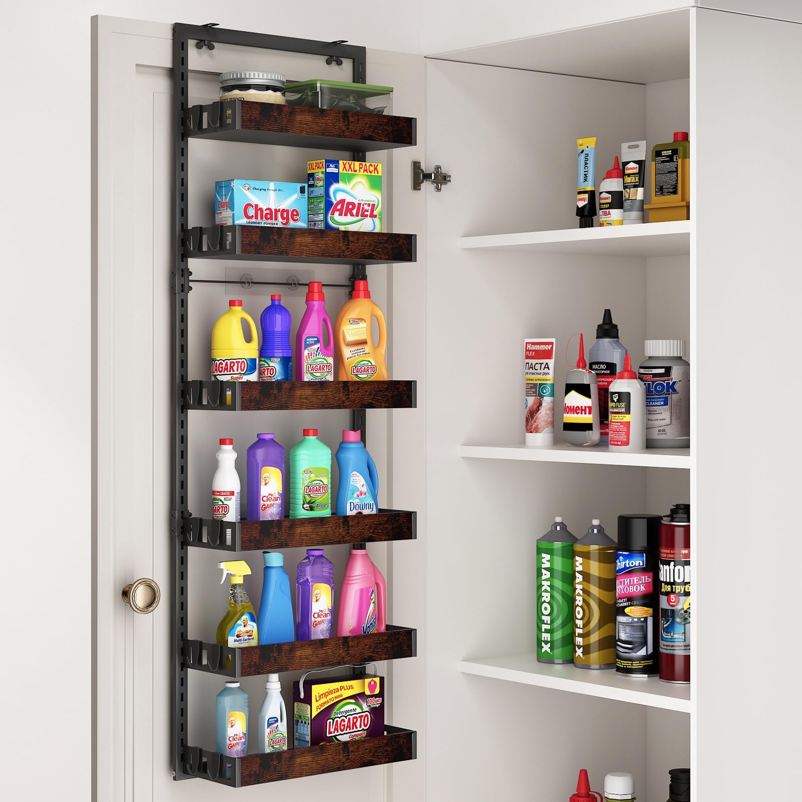 bukfen Over the Door Pantry Organizer, 6-Tier Adjustable Wooden Basket Kitchen Pantry Door Organization and Storage, Heavy-Duty Metal Hanging Kitchen Spice Rack,D6.3 x W17.71 x H50.60 inch,1 Pack