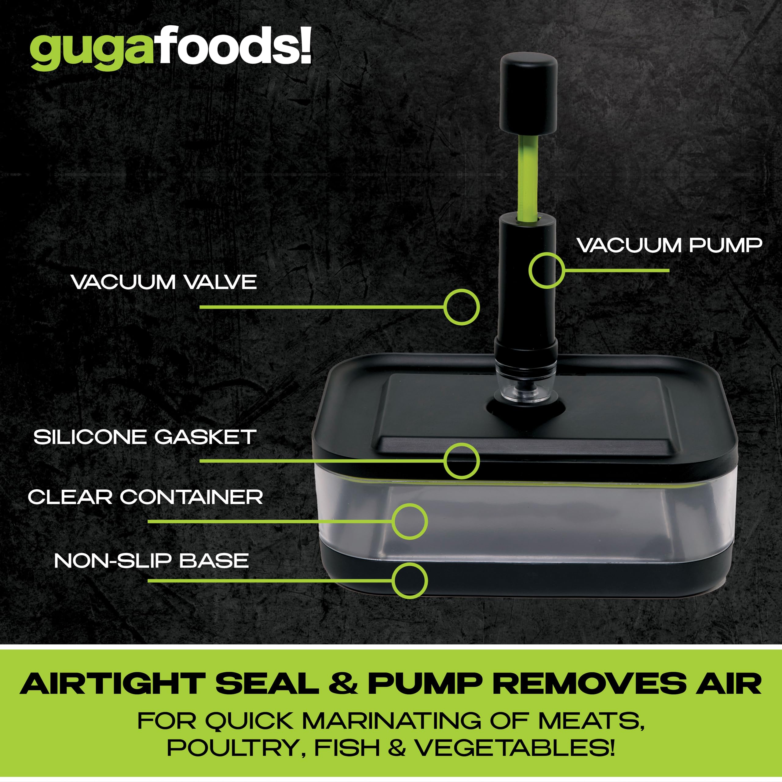 Guga Foods Vacuum Seal Marinade Container Set, Air Sealed Pump, Removes Air for Quick Marination, Barbecue & Grilling Marinator