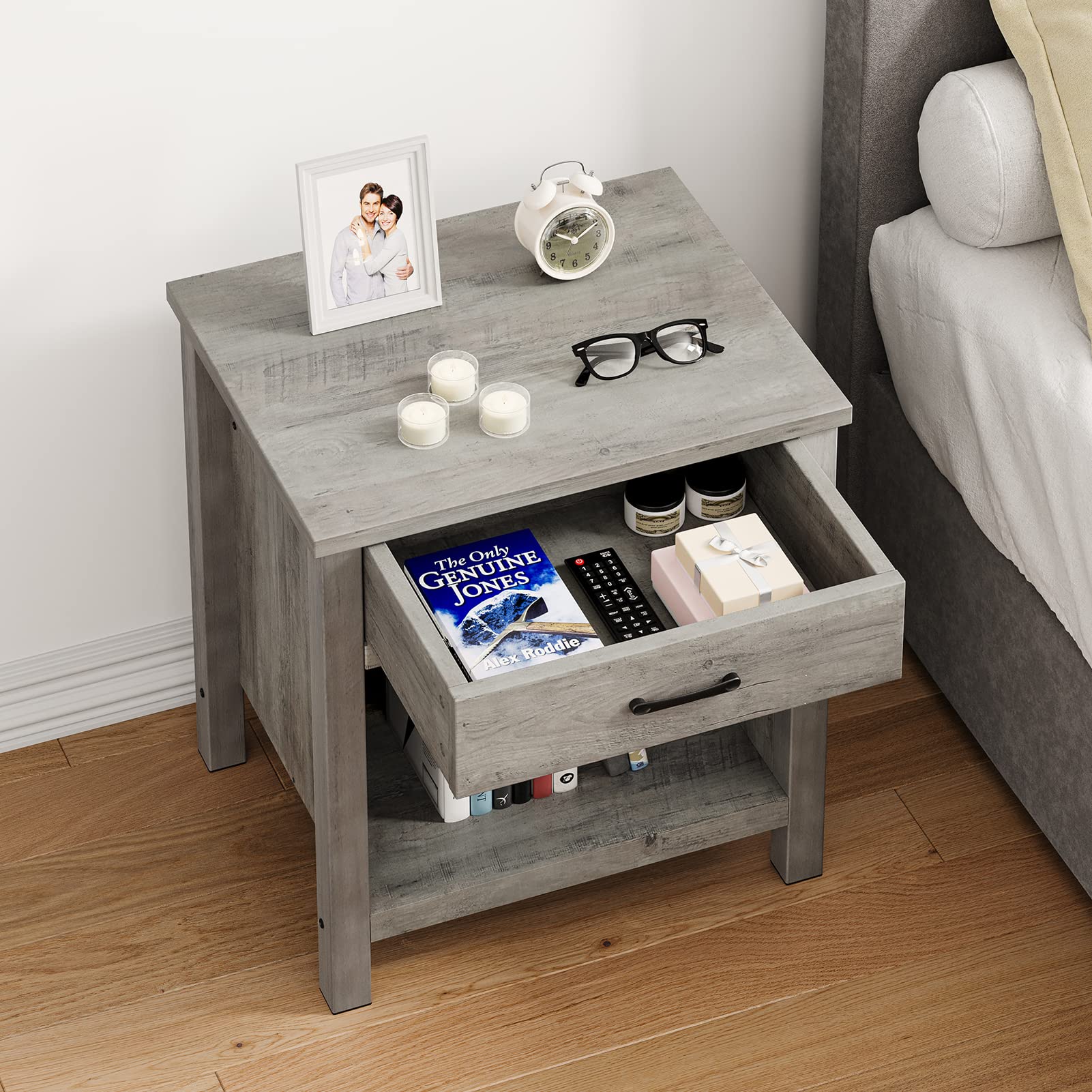 GAOMON Rustic Grey Nightstands Set of 2, Farmhouse End Table Beside Table with Storage Drawer, Modern Night Stand for Bedroom, Wood Side Table for Living Room, College Dorm