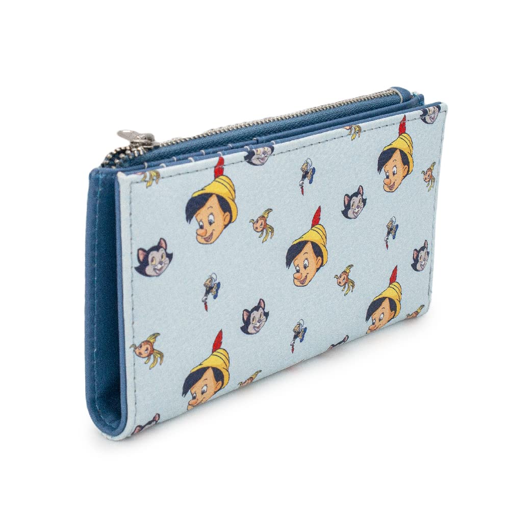 Buckle-Down Disney Wallet, Fold Over, Snap Pouch, Pinocchio and Friends Face Collage Light Blue, Vegan Leather