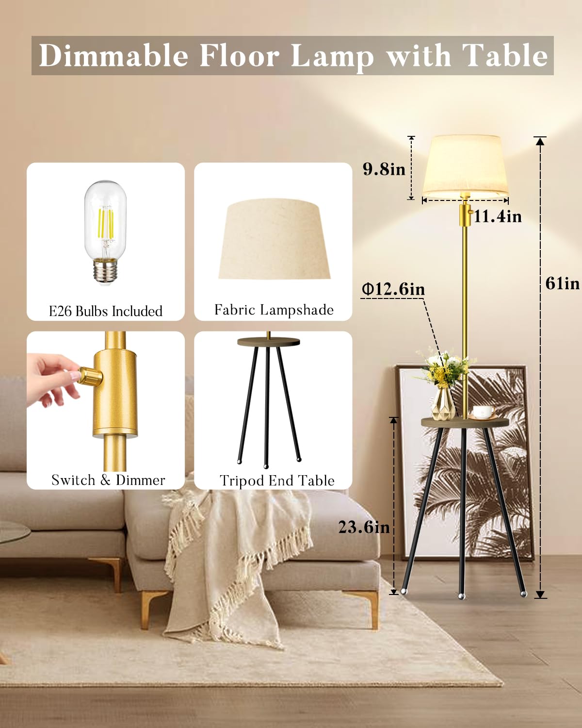bulbeats 61IN Dimmable Floor Lamp with Shelves, Display Shelf Floor Lamp with Fabric Shade, E26 Bulb, Corner Storage Standing Tall Lamp for Living Room, Bedroom, Office, Bedside