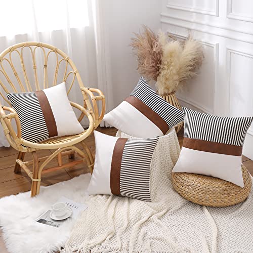 Mecatny Boho Throw Pillows 18x18 Set of 2 - Farmhouse Decorative Throw Pillows with Inserts Included - Brown Faux Leather Modern Stripe Patchwork Linen Accent Throw Pillows for Couch Bed Sofa, Grey