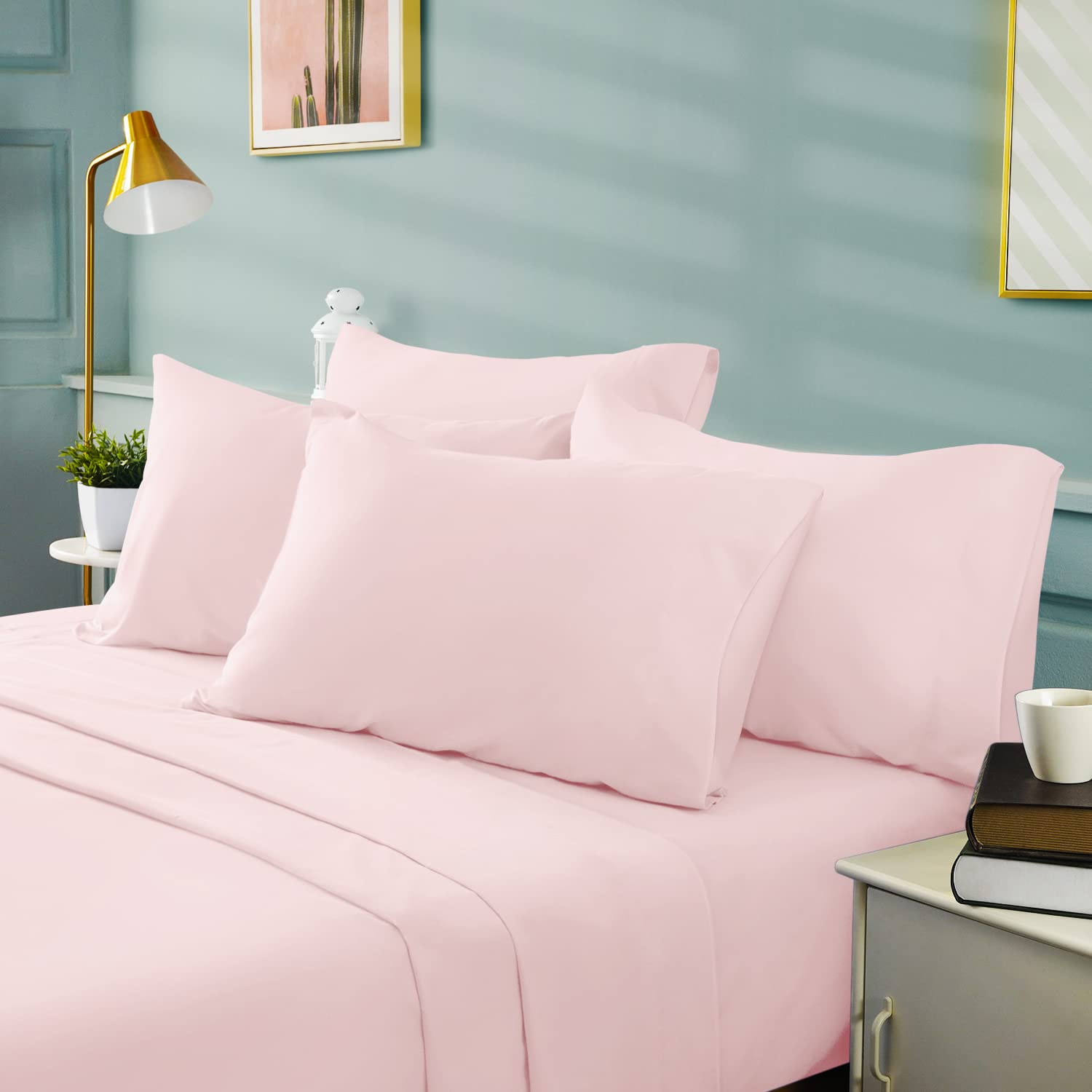 BYSURE 6 Pieces Bed Sheets Set(Full, Light Pink) - Super Soft 1800 Thread Count 100% Microfiber Sheets with Deep Pockets, Wrinkle & Fade Resistant