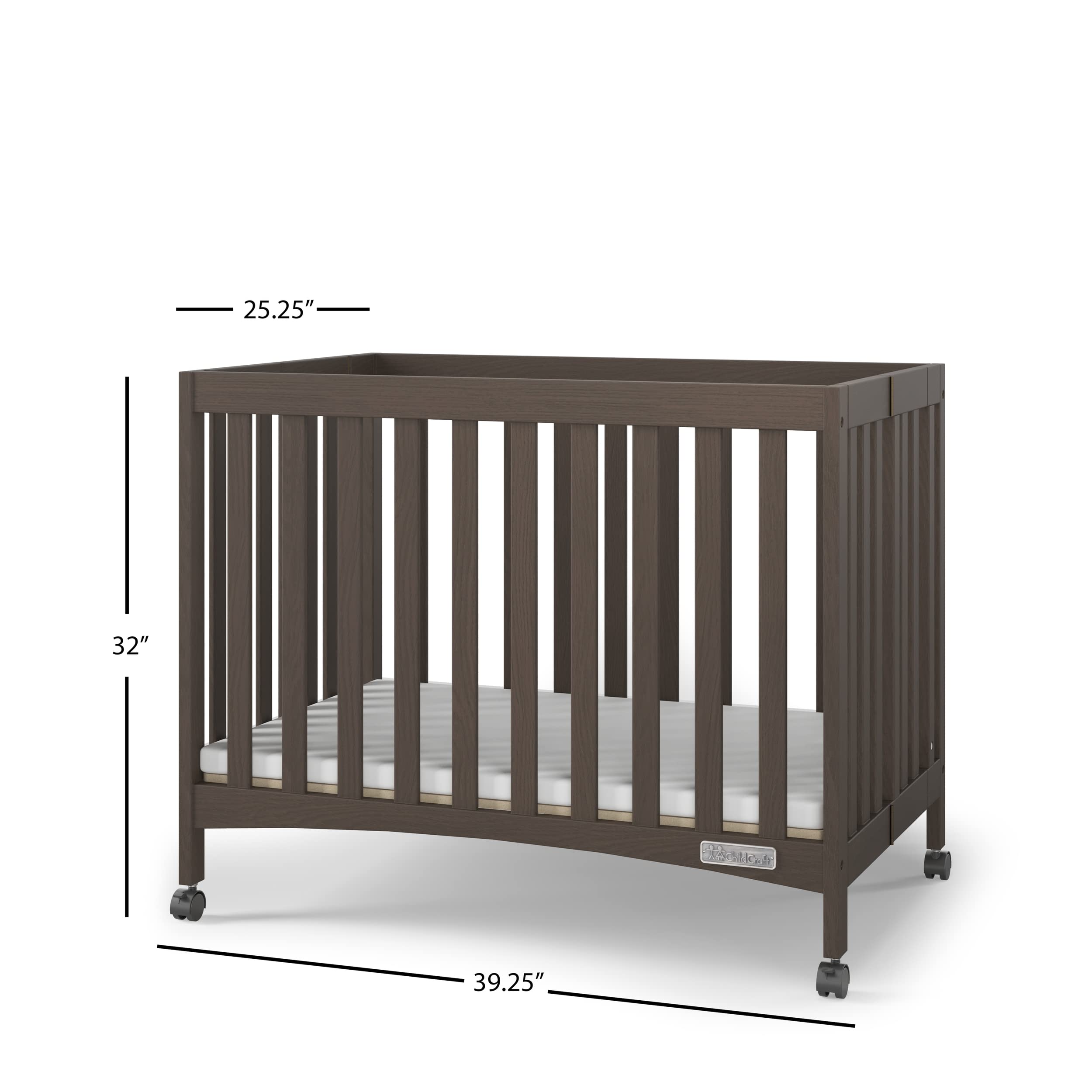 Child Craft London Mini Compact Folding Portable Crib with 2” Crib Mattress and 2 Easy Roll Locking Wheels, Durable Pine Wood Construction (Dapper Gray)