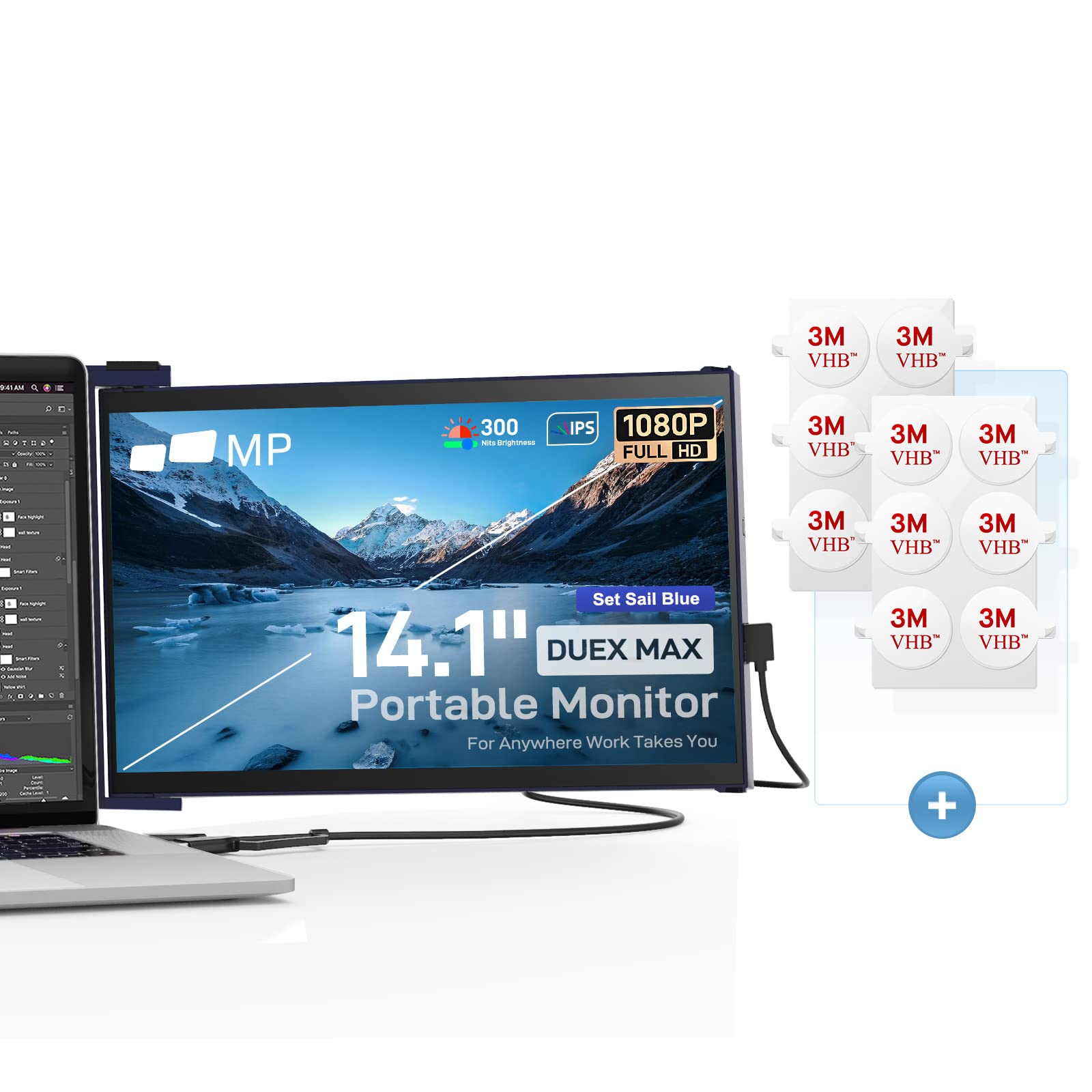 Duex Max Blue Portable Monitor with Adhesive, Mobile Pixels 14.1" Full HD 1080P IPS Auto Rotated Laptop Screen Extender, USB A/Type-C USB Powered Plug and Play