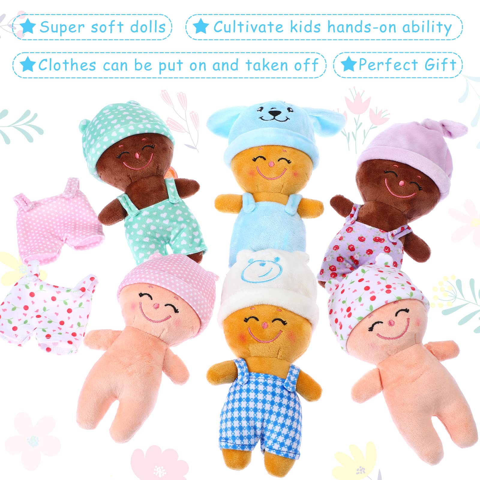 Skylety 6 Pieces 7 Inches Basket of Babies Soft Baby Doll Multicultural Dolls Sensory Plush Diversity Baby Dolls Stuffed Plush Figures for All Ages