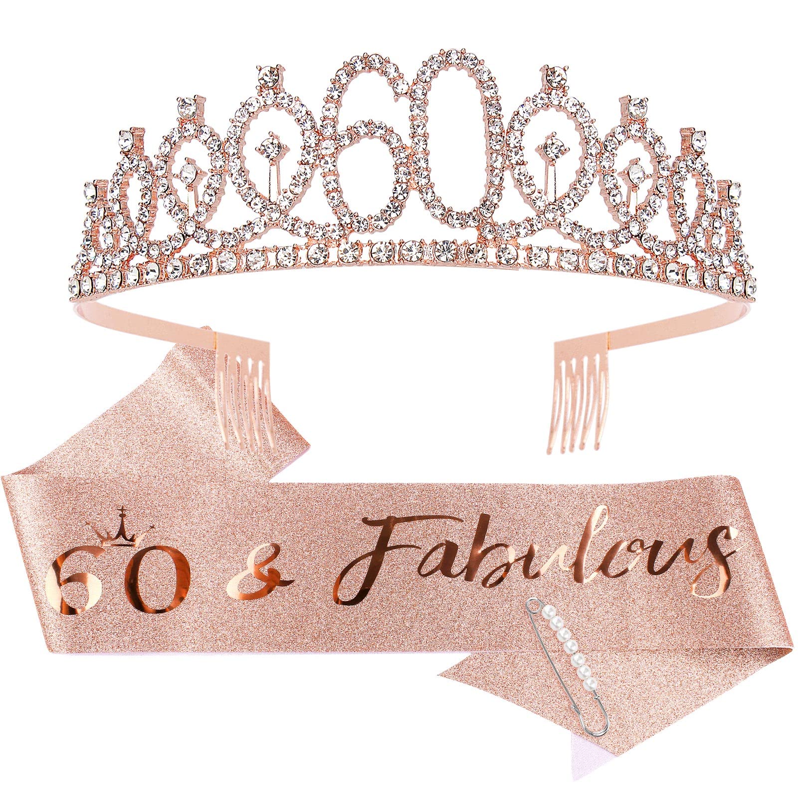 CIEHER 60th Birthday Gifts for Women,60 Birthday Crown + 60 & Fabulous Sash,60th Birthday Decorations Women,60th Birthday Cake Topper