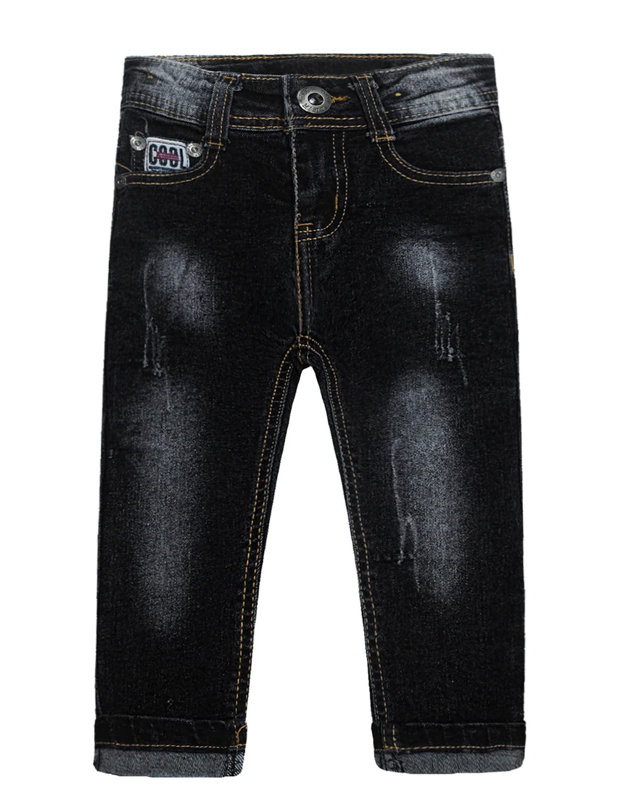 KIDSCOOL SPACE Baby Girl Boy Jeans,Little Kid Elastic Band Inside Ripped,Embroidered Decor Denim Pants,Black,12-18 Months