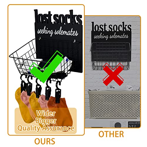 RISICULIS Lost Socks Basket, Laundry Room Decor and Accessories, Rustic Laundry Room Organization, Black Wooden Lost Socks Sign for House Decor, Missing Sock Basket with 5 pcs Clips