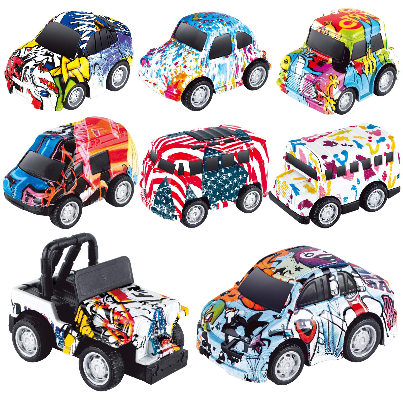 Pull Back Cars, 8 Pack Graffiti Style Metal Friction Powered Die-cast Cars Trucks Playset, Toys Pull Back Vehicles for Kids Boys Girls Toddlers, Toy Cars Party Favors for 3-14 Year Old Children, 8pcs