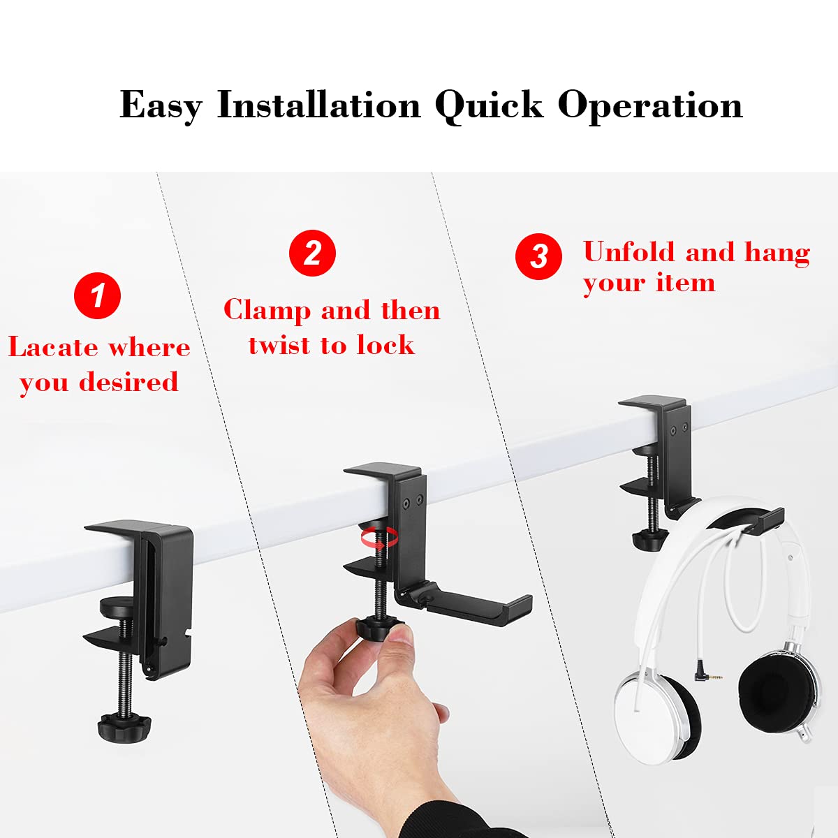 NCHONHONG Headphone Holder with Cable Organizer Aluminum Foldable Headset Stand Hanger Under Desk Save Space Headphone Hook for Universal Headphones