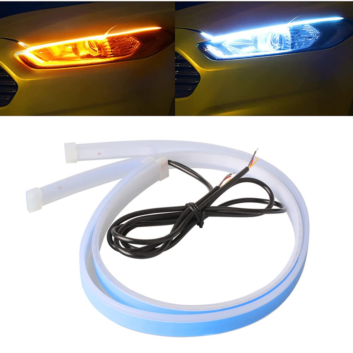 Car LED Strip Lights, 2Pcs 24 Inch Flexible LED Headlight Strips Dual Color White Turn Signal Yellow Lights Waterproof Car Daytime Running Light Strip for Truck SUV