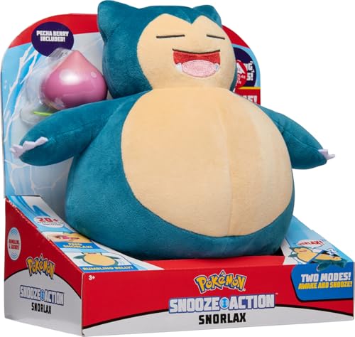 Pokemon Snooze Action Snorlax Plush, 10-Inch Plush Toy - Features Over 20 Authentic Snorlax Sounds, with 2 Modes of Play: Asleep & Awake, Plus Vibrating Belly - Eats Pecha Berry (Included)