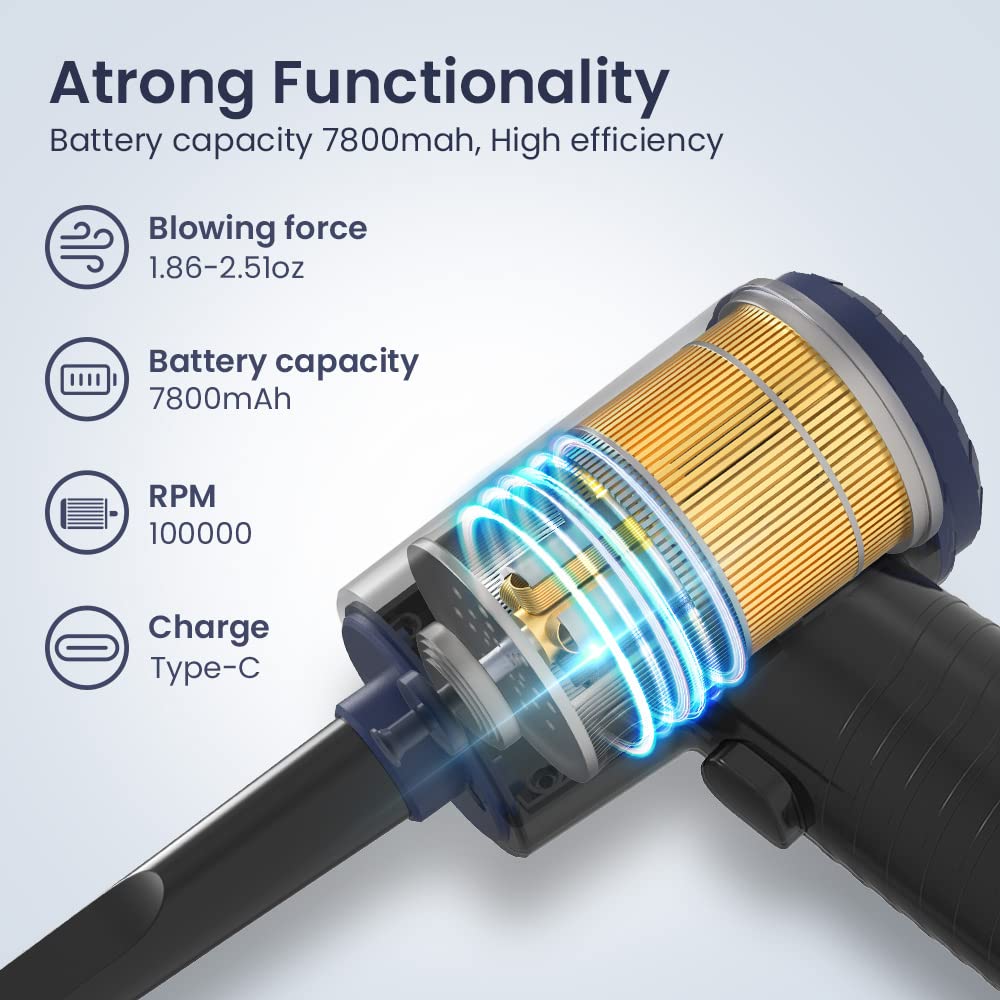 Compressed Air Duster -Computer Mainframe and Keyboard Cleaner-Tankless Air Duster - Reusable - Good Replacement for Compressed Air Cans - 3 Gear to 100000RPM Electric Air Duster Portable -7800mAh