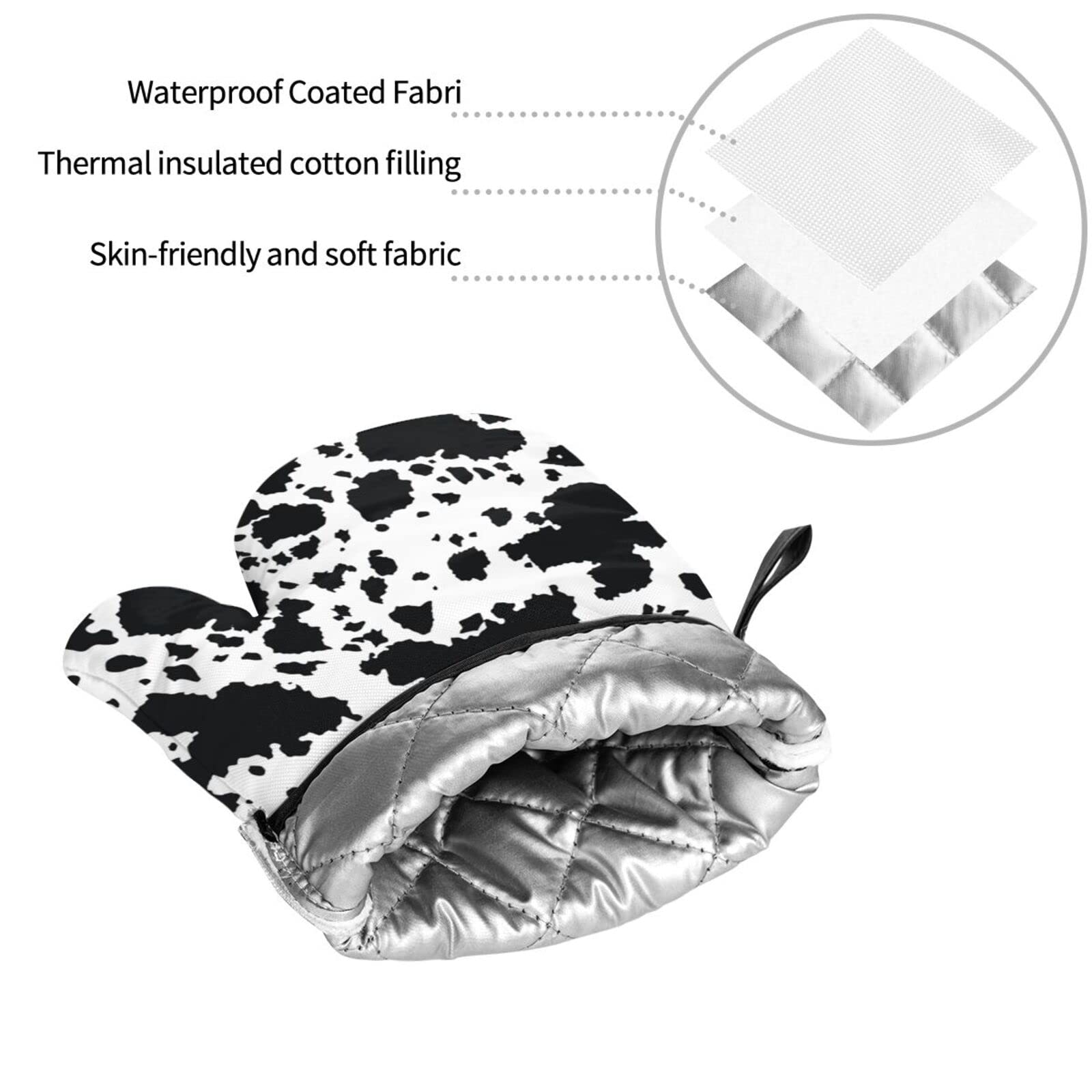 Cow Print Oven Mitts and Pot Holders Set of 4 Washable Heat Resistant Kitchen Gloves Waterproof Oven Gloves and Hot Pads for Cooking Grilling BBQ Baking