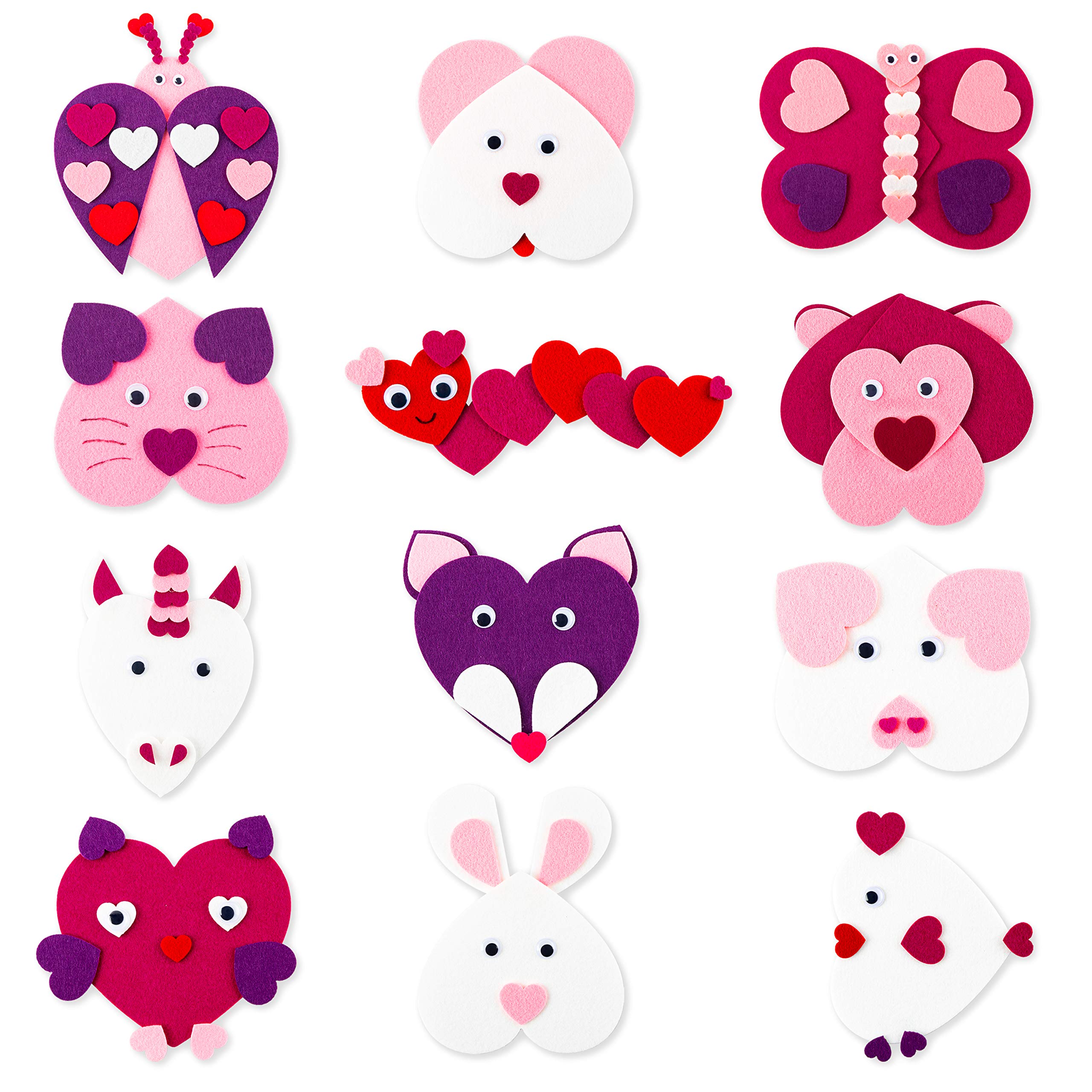 WATINC 12Pcs Wedding Engagement DIY Craft Kit Felt Hearts Animals Art Set with Butterfly Rabbit Pig Chick Monster Bear Bunny Creative Decorations for Valentine's Day Activity Party Supplies