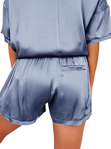 LYANER Women's Satin Silky Pajamas Set Short Sleeve T-shirt With Shorts Set PJs Loungewear Dusty Blue Small