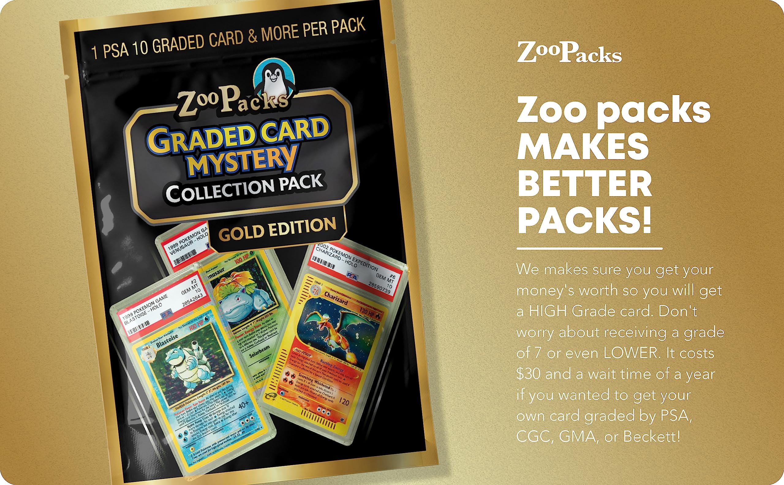 Pokemon TCG: Graded Card Mystery Power Pack - Gold Edition - 1 PSA 10 Graded Card + 25 Additional Cards with 5 Holofoils - 1 First Edition Card + 2 Factory Sealed 10 Card Booster Packs + 1 Code Card