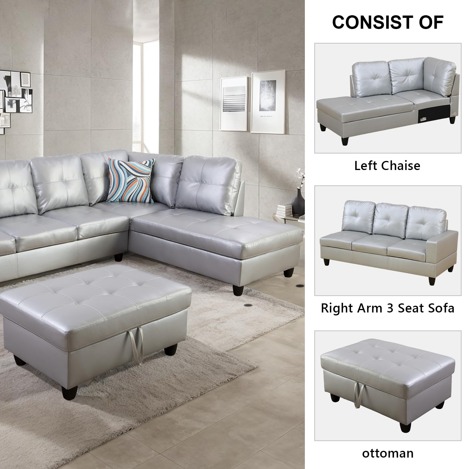 Etelifrank Modern Sectional Couch Set,Faux Leather Sofa with Chaise 3 Seating Sofa and Storage Ottoman,L Shape Sectional Sofa for Living Room Furniture Sets,(Facing Right Chaise)
