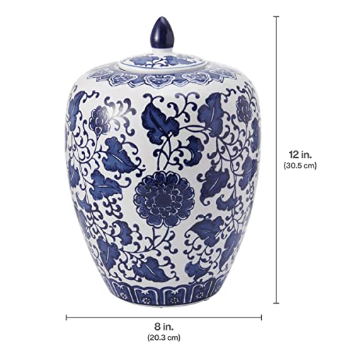 Mikasa 8x8x12 Inch Blue and White Floral Ceramic Canister with Lid