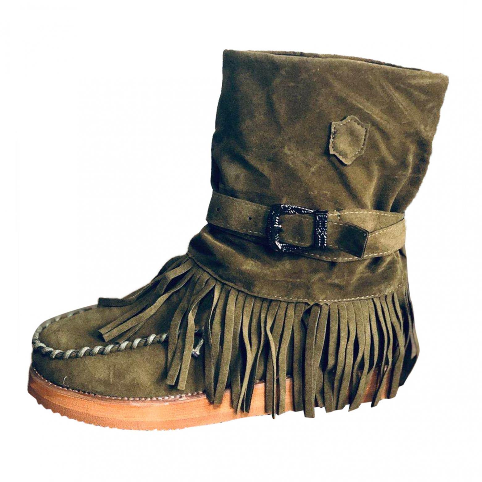 Boots for Women Ankle Booties Women’s Fashion Buckle Ankle Booties Leather Double Strap Fringe Motorcycle Boots Round-Toe/Rubber Lug Sole