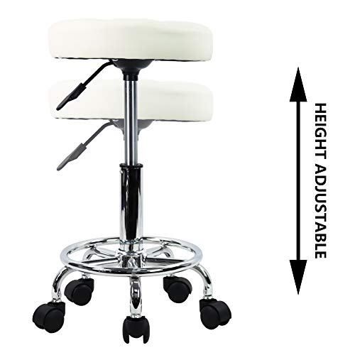 KKTONER Round Rolling Stool Chair PU Leather Height Adjustable Swivel Drafting Work SPA Shop Salon Stools with Wheels Office Chair Small (White)