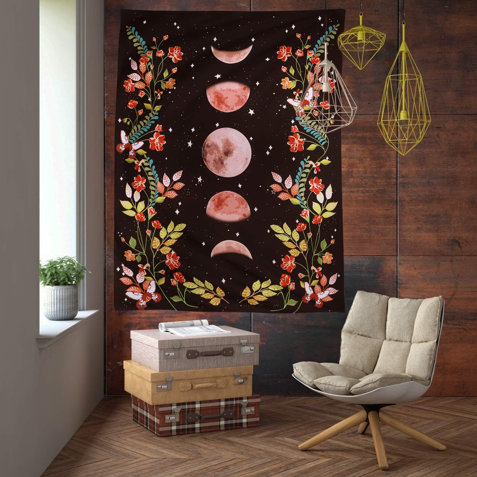 Moonlit Garden Tapestry Boho Wall Tapestry Aesthetic Moon Phase Tapestries with Flower Mandala Wall Hanging Black Wall Decor for Room(59 x 79 inches)
