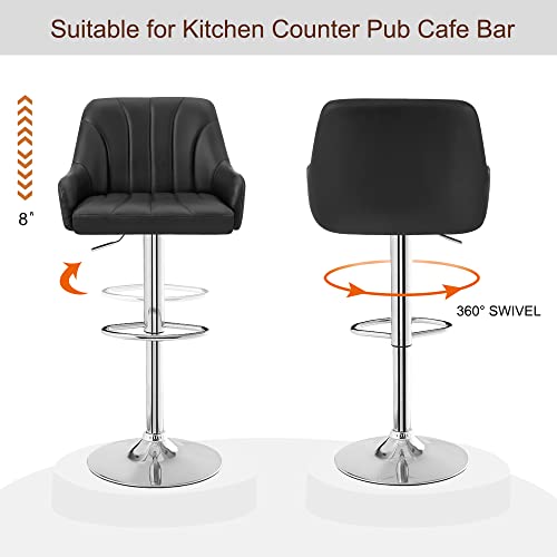VECELO Bar Stools Set of 2, Adjustable Barstools, Counter Height Stools with Back and Arm, Kitchen Island Stools, Swivel PU Chairs for Pub, Dining Room, Modern Style, Black
