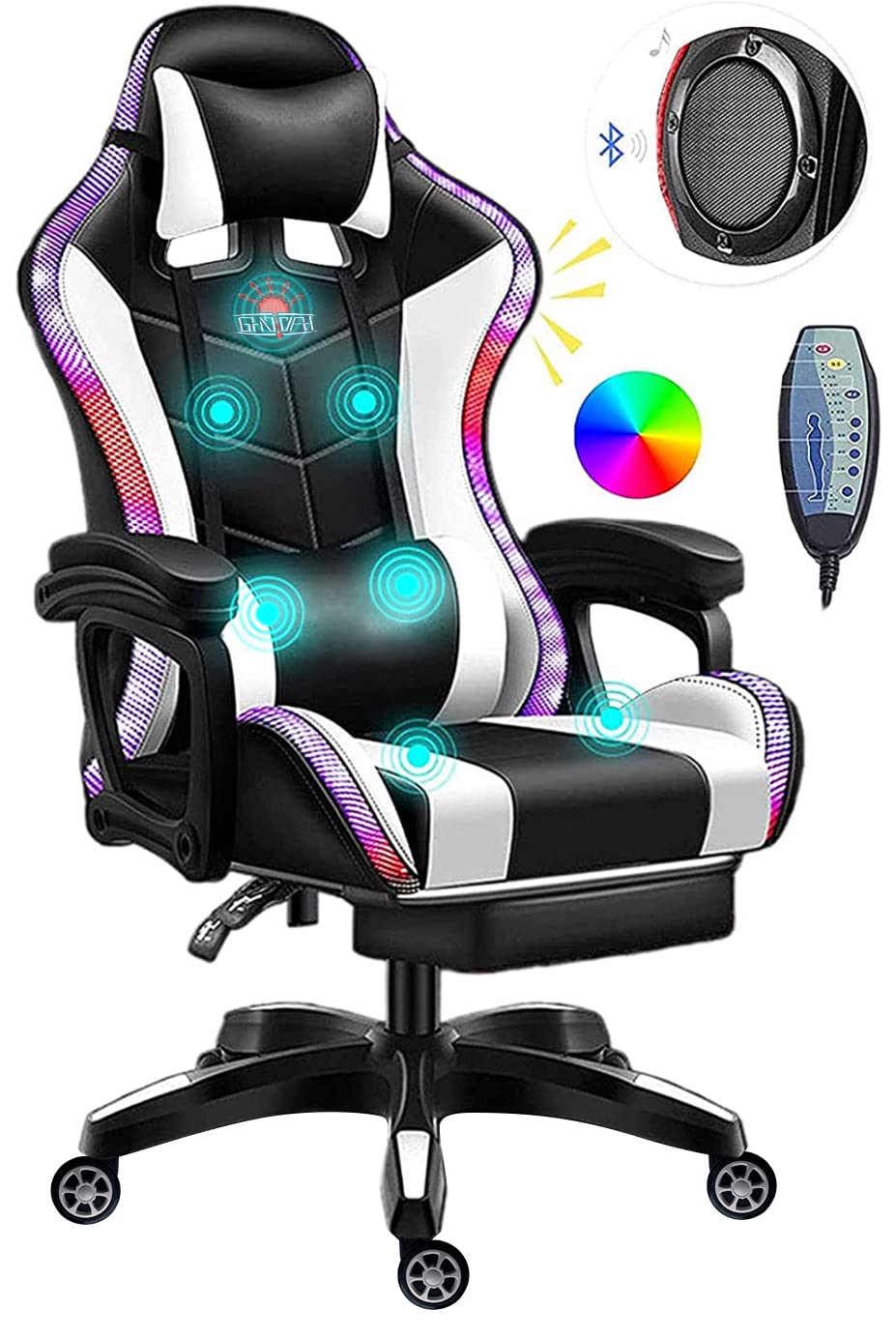 White Gaming Chair with LED Light, Ergonomic Pro Gaming Chair with Full Massage Lumbar Support, Bluetooth Speakers Computer Chair for Retractible Footrest and Backrest Adjustable,White