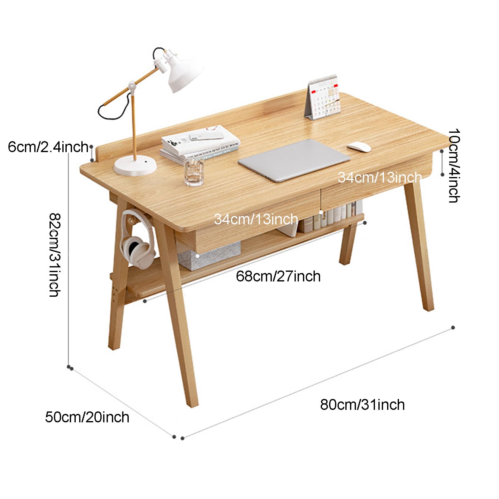 INSTR Home Office Writing Desk with Drawers and Storage Shelf, Mid-Century Modern Study Desk Wood PC Table Workstation Simple Computer Desk for Working & Learning(80x50x82cm(31x20x31inch), Wood)