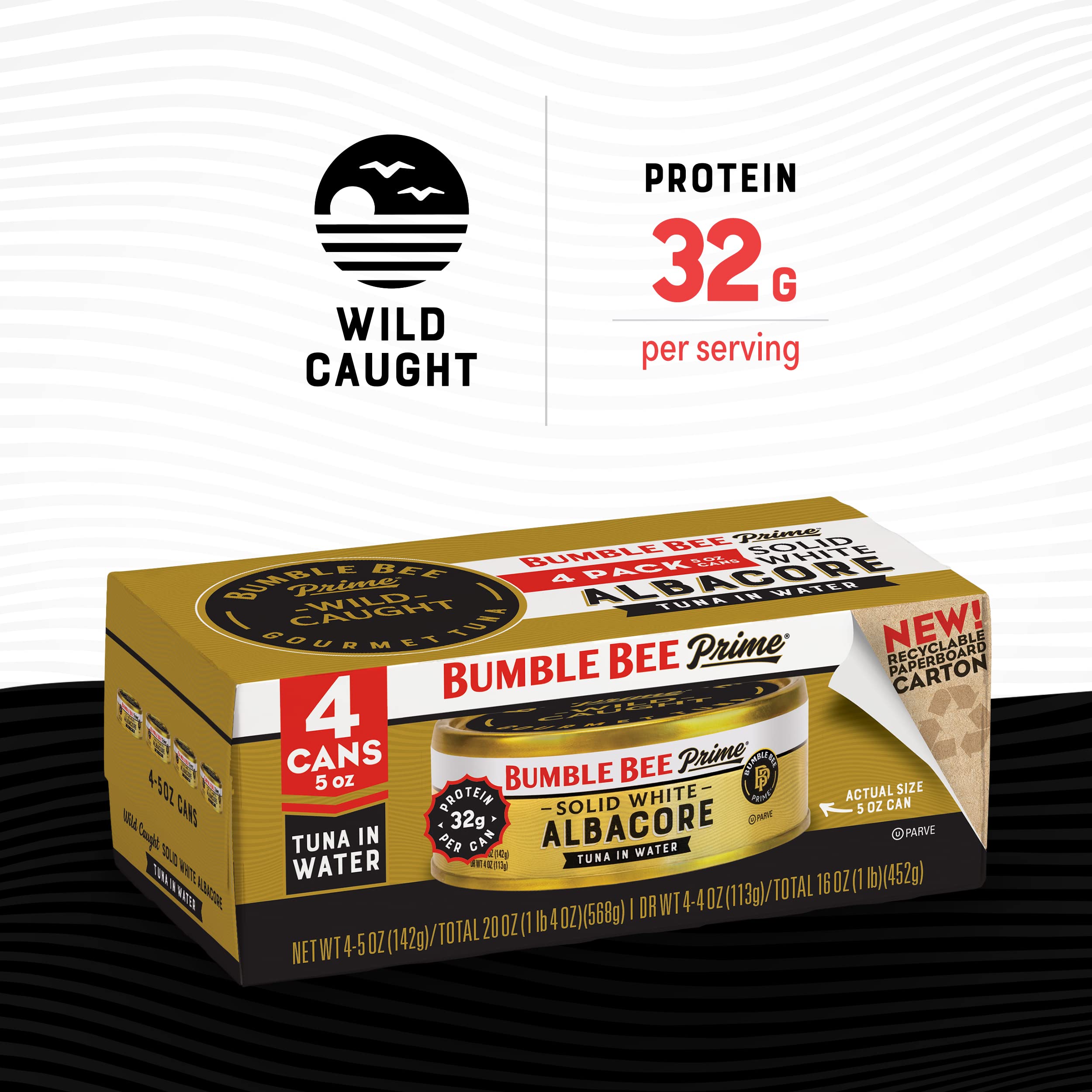Bumble Bee Prime Solid White Albacore Tuna in Water,Premium Wild Caught Tuna - 31g Protein per Serving - Non-GMO Project Verified, Gluten Free, Kosher, 5 Ounce (Pack of 4)