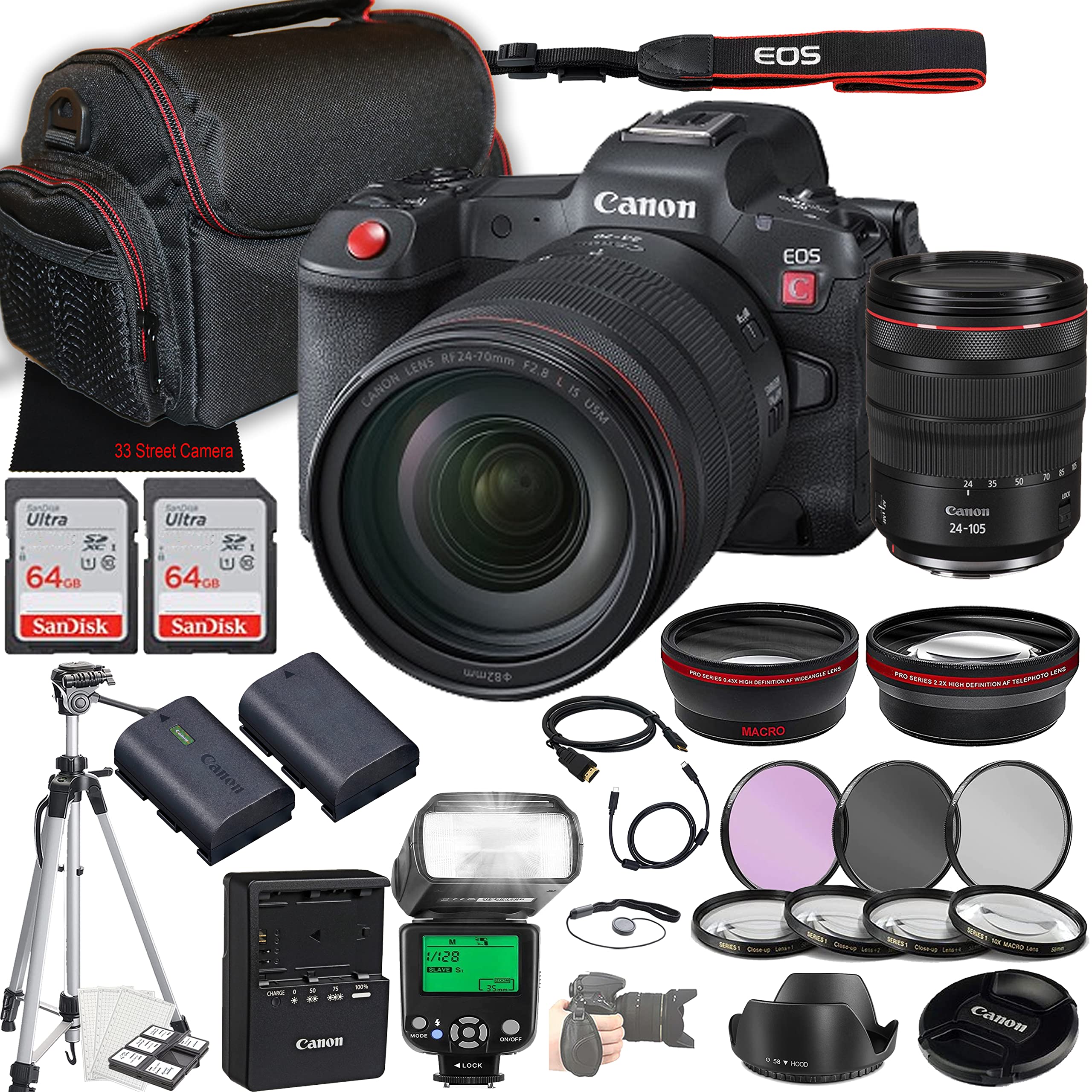 Canon EOS R5 C Mirrorless Cinema Camera w/RF 24-105mm f/4 L is USM Lens + 2X 64GB Memory + Filters + TTL Flash + More (35pc Bundle) (Renewed)
