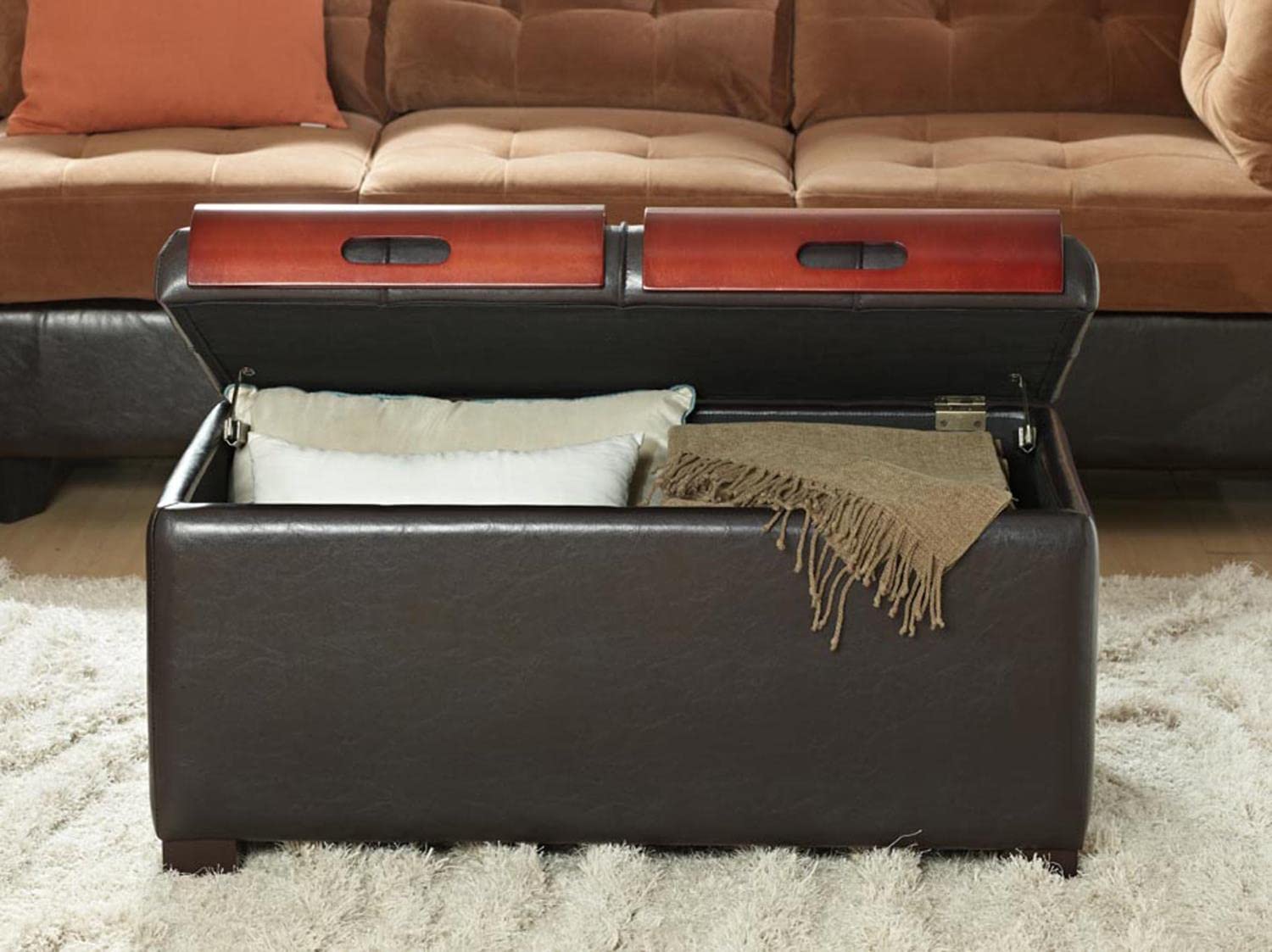 Convenience Concepts Designs4Comfort Storage Ottoman with Trays, Espresso Faux Leather