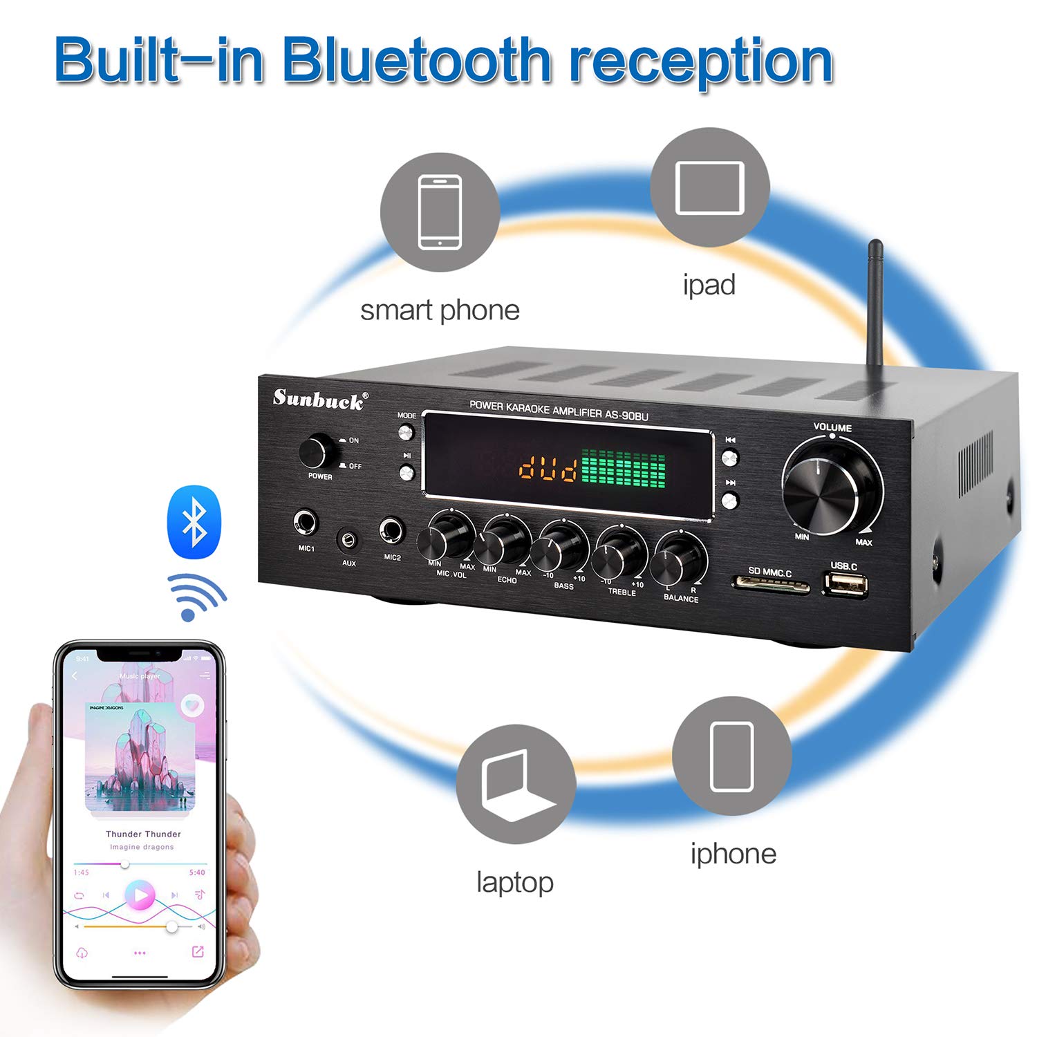 Wireless Bluetooth Home Audio Amplifier β 400W Dual Channel Home Theater Sound Compact Stereo Receiver System w/FM Radio, USB/SD, AUX, RCA, Mic in, Remote Control for Sweet Sound. (Sunbuck AS-90BU)